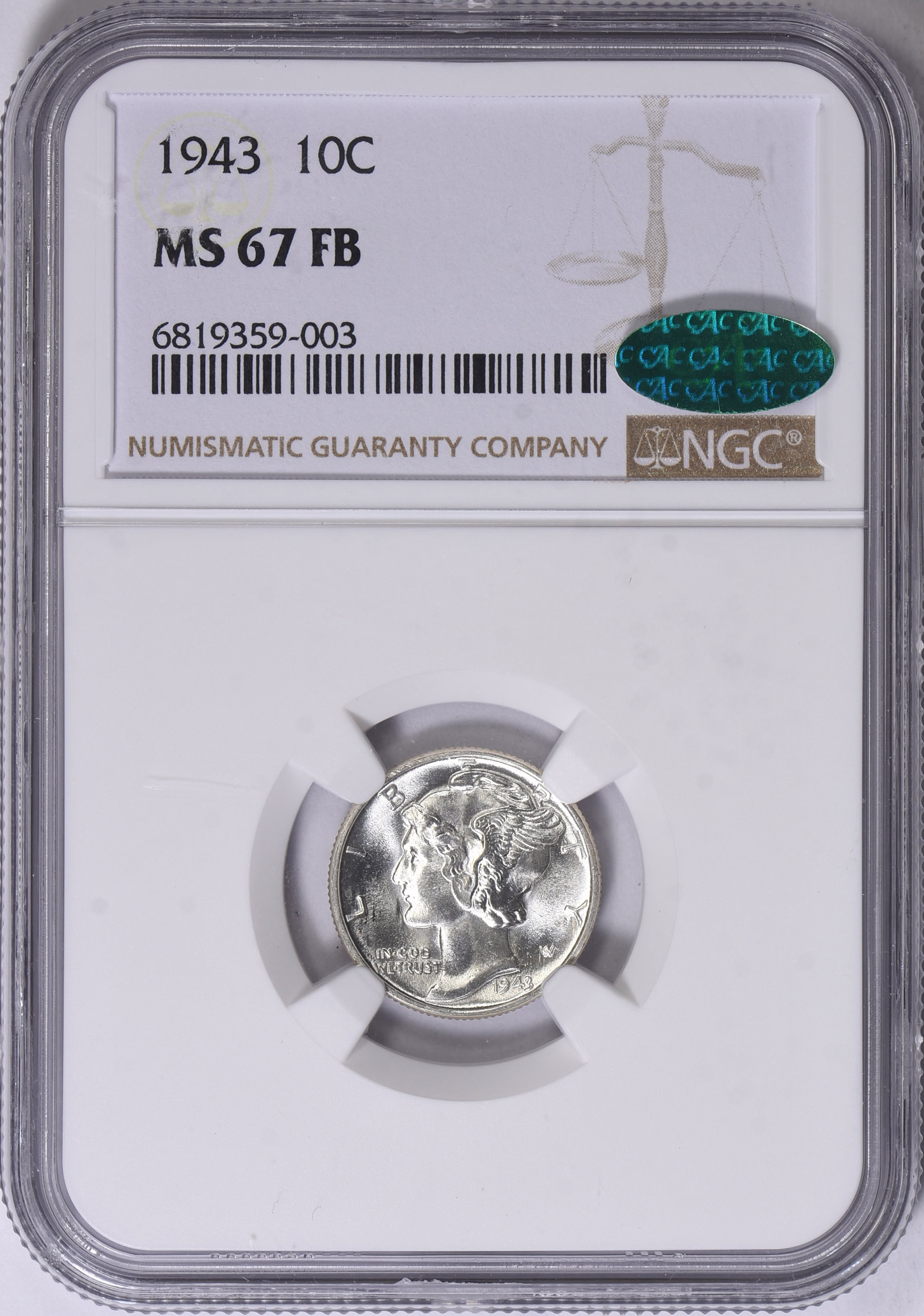 1943 Mercury Dime NGC MS-67 FB (CAC Green) (Item 872561) | GreatCollections Coin Auctions