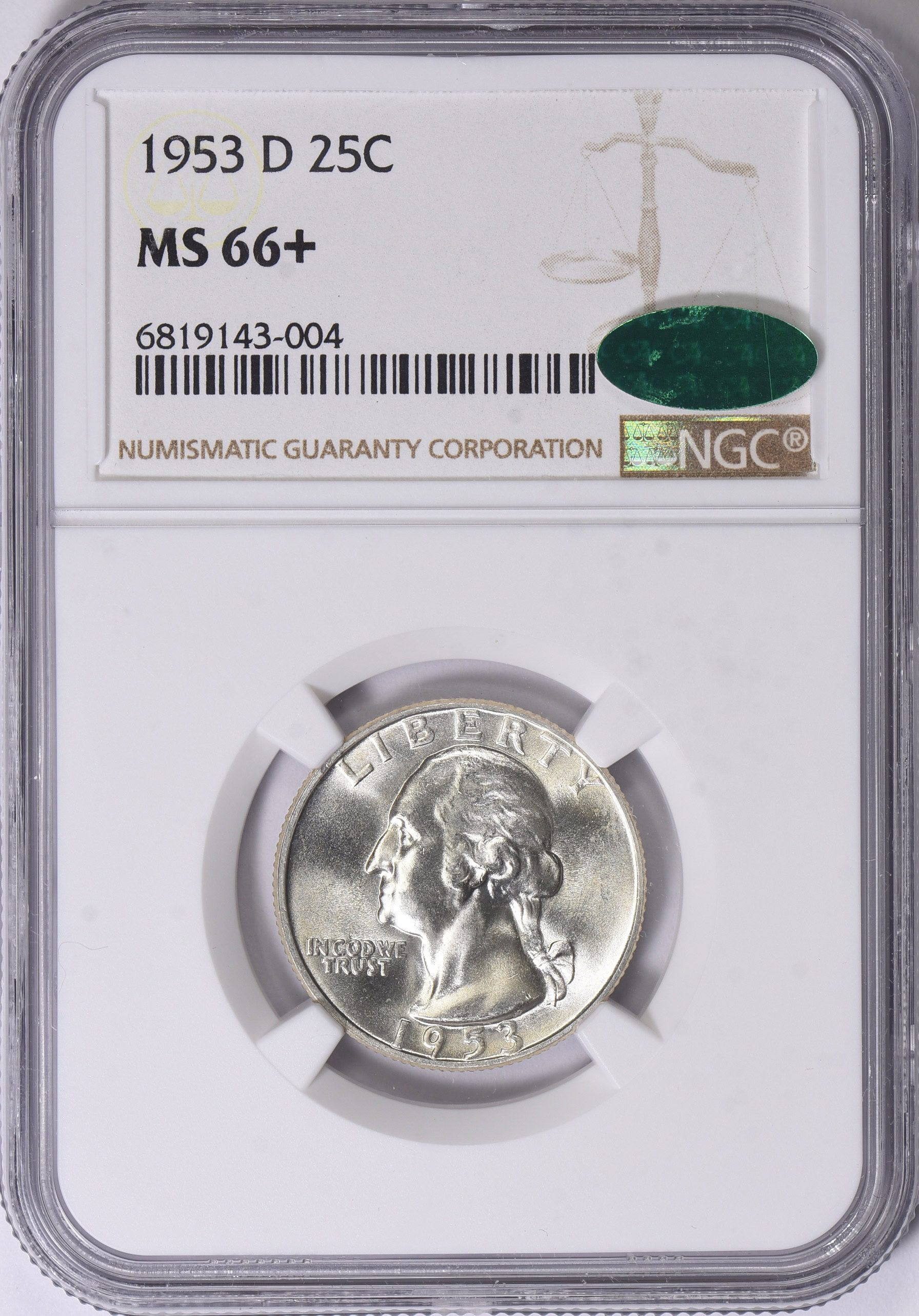 1953-D Washington Quarter NGC MS-66+ (CAC Green) (Item 872634) | GreatCollections Coin Auctions