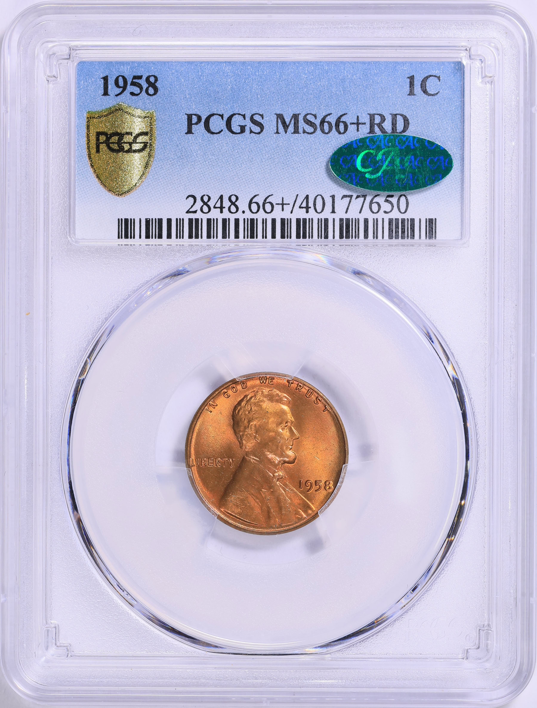 1958 Lincoln Cent PCGS MS-66+ RD (CAC Green) (Item 874379) | GreatCollections Coin Auctions