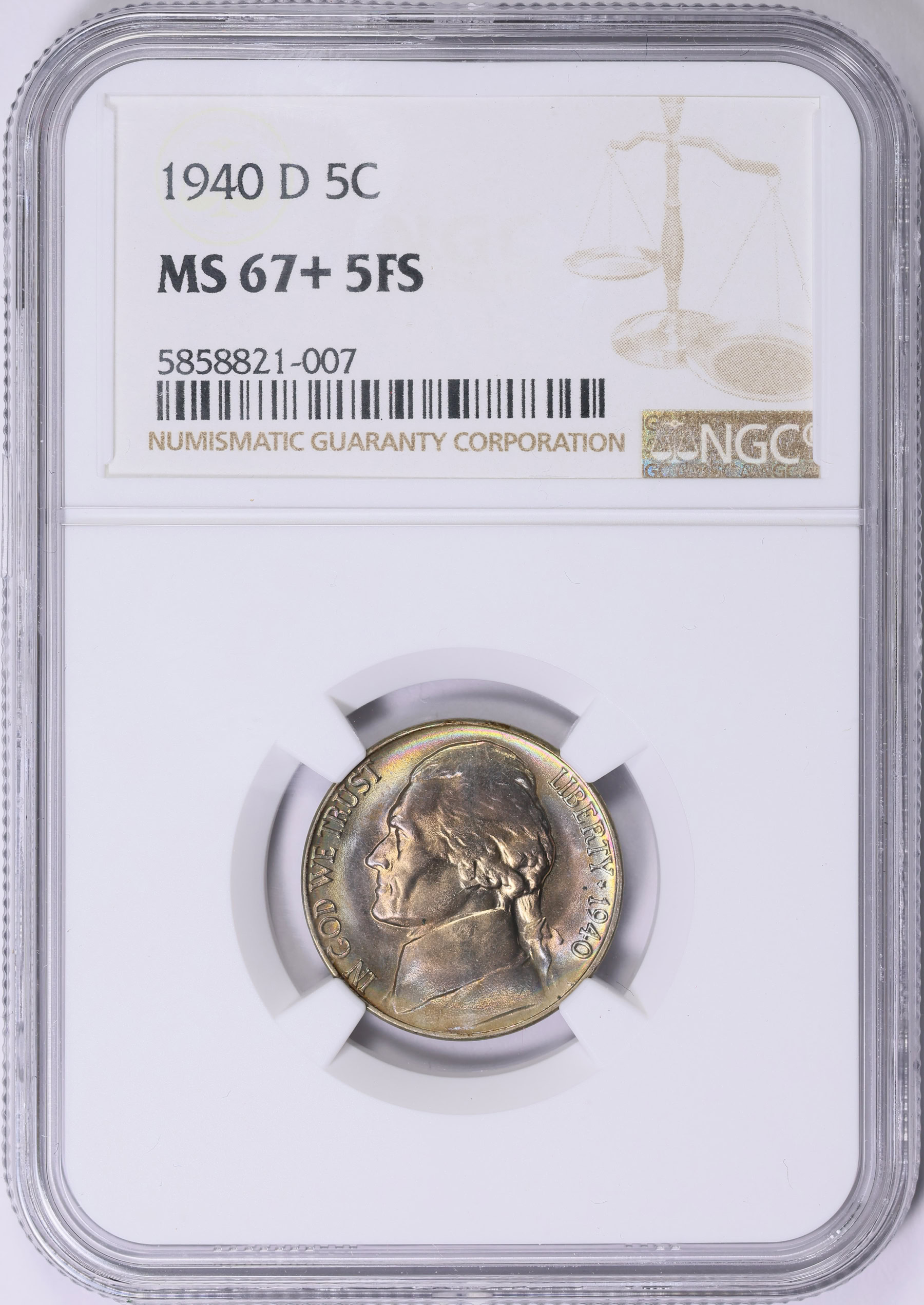 1940-D Jefferson Nickel NGC MS-67+ 5FS (Toned) (Item 877237) | GreatCollections Coin Auctions