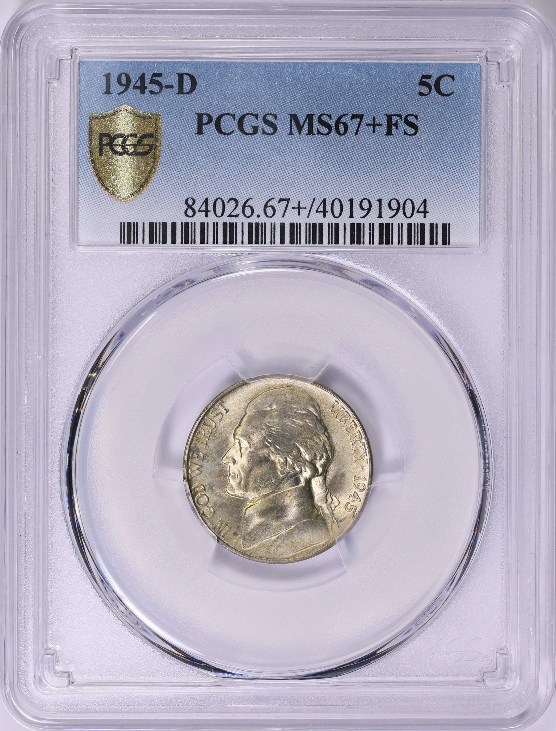 1945-D Jefferson Nickel PCGS MS-67+ FS (Toned) (Item 879942) | GreatCollections Coin Auctions