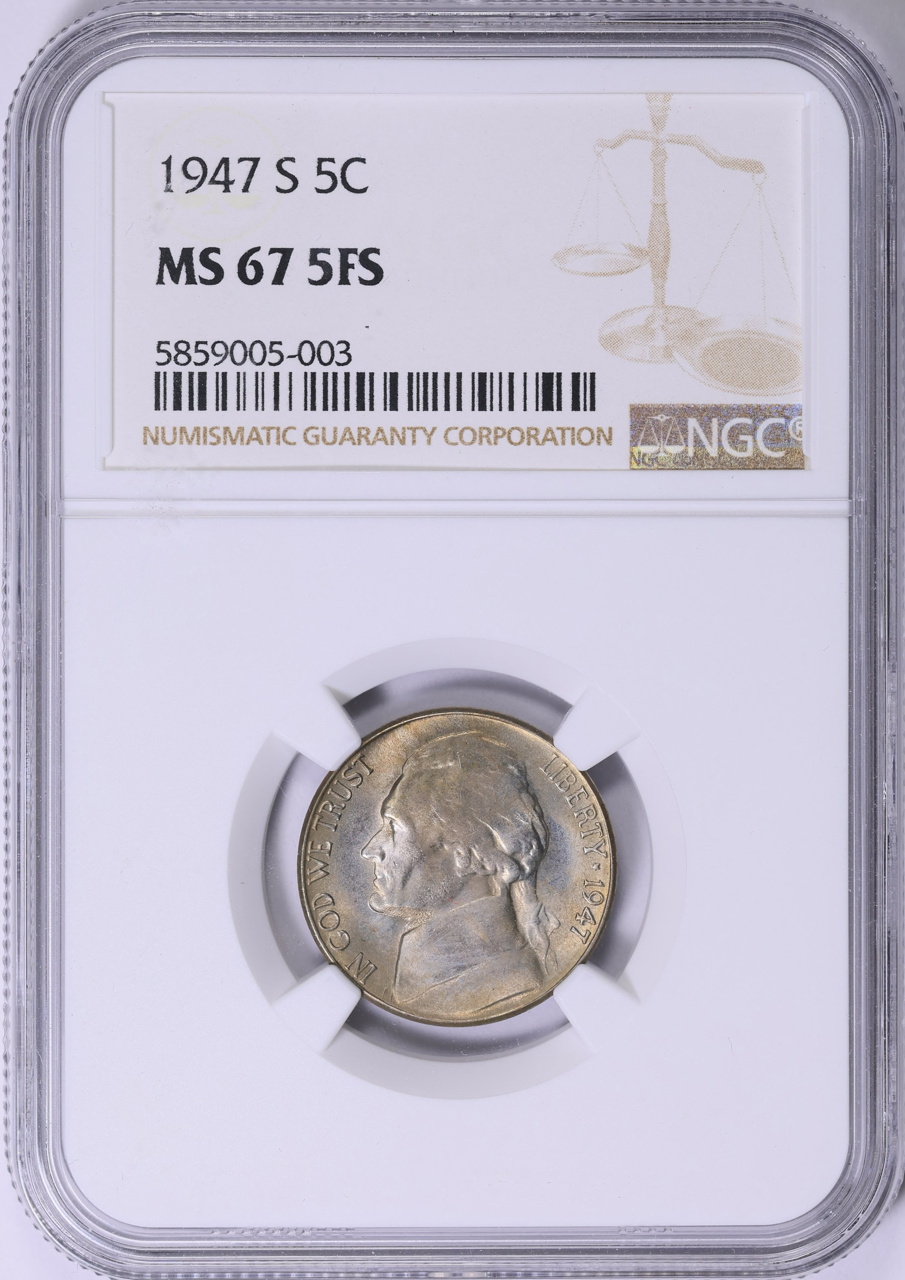 1947-S Jefferson Nickel NGC MS-67 5FS (Toned) (Item 879979) | GreatCollections Coin Auctions