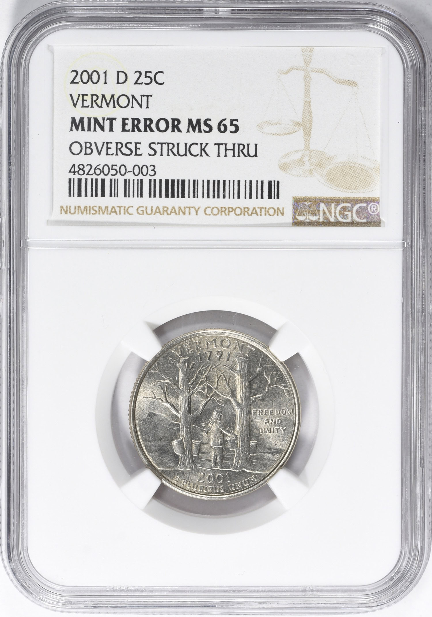 Mint Error 2001-D State Quarter Vermont Obverse Struck Thru NGC MS-65 ...