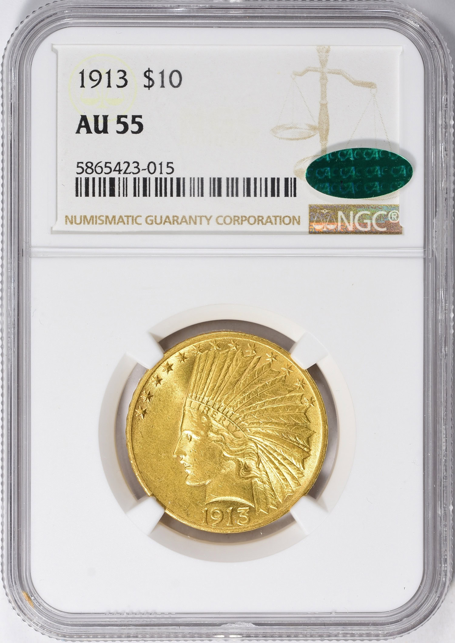 1913 Indian Gold Eagle NGC AU-55 (CAC Green) (Item 882230) | GreatCollections Coin Auctions