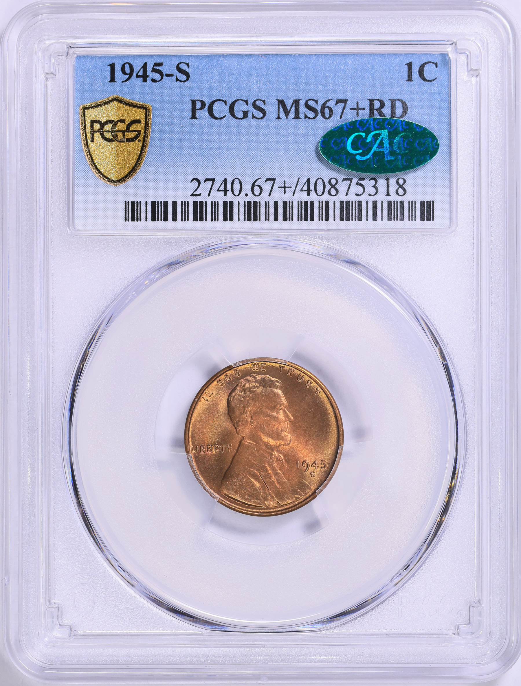 1945-S Lincoln Cent PCGS MS-67+ RD (CAC Green) (Item 882523) | GreatCollections Coin Auctions