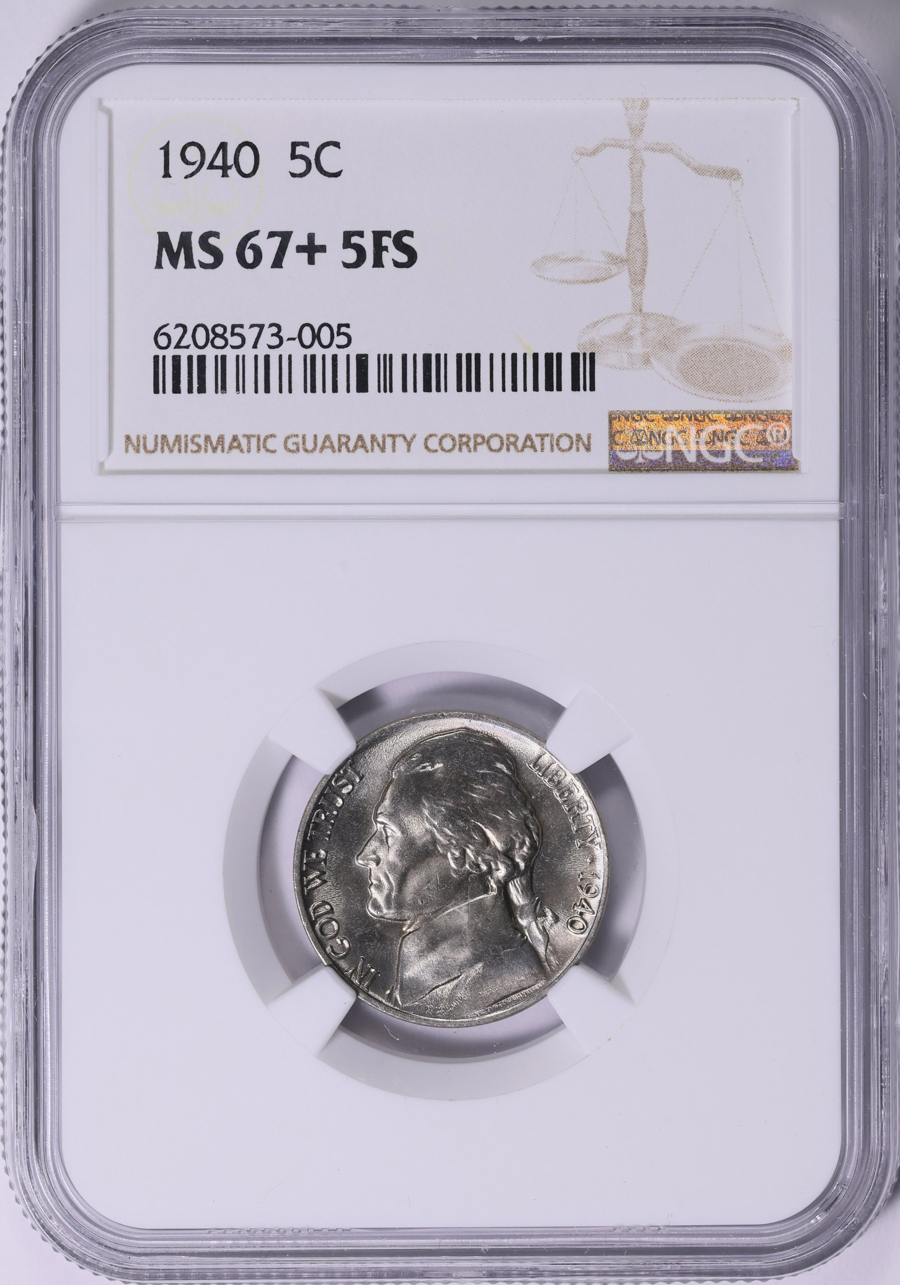 1940 Jefferson Nickel NGC MS-67+ 5FS (Toned) (Item 885205) | GreatCollections Coin Auctions