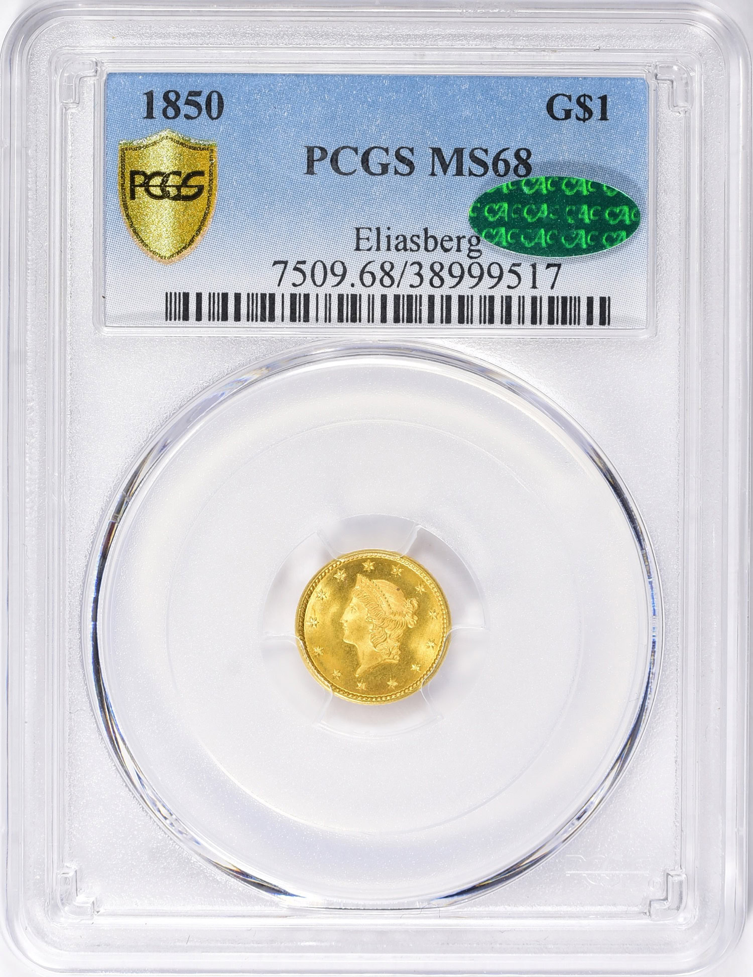 1850 Liberty Gold Dollar PCGS MS-68 (CAC Green) (Eliasberg Collection ...