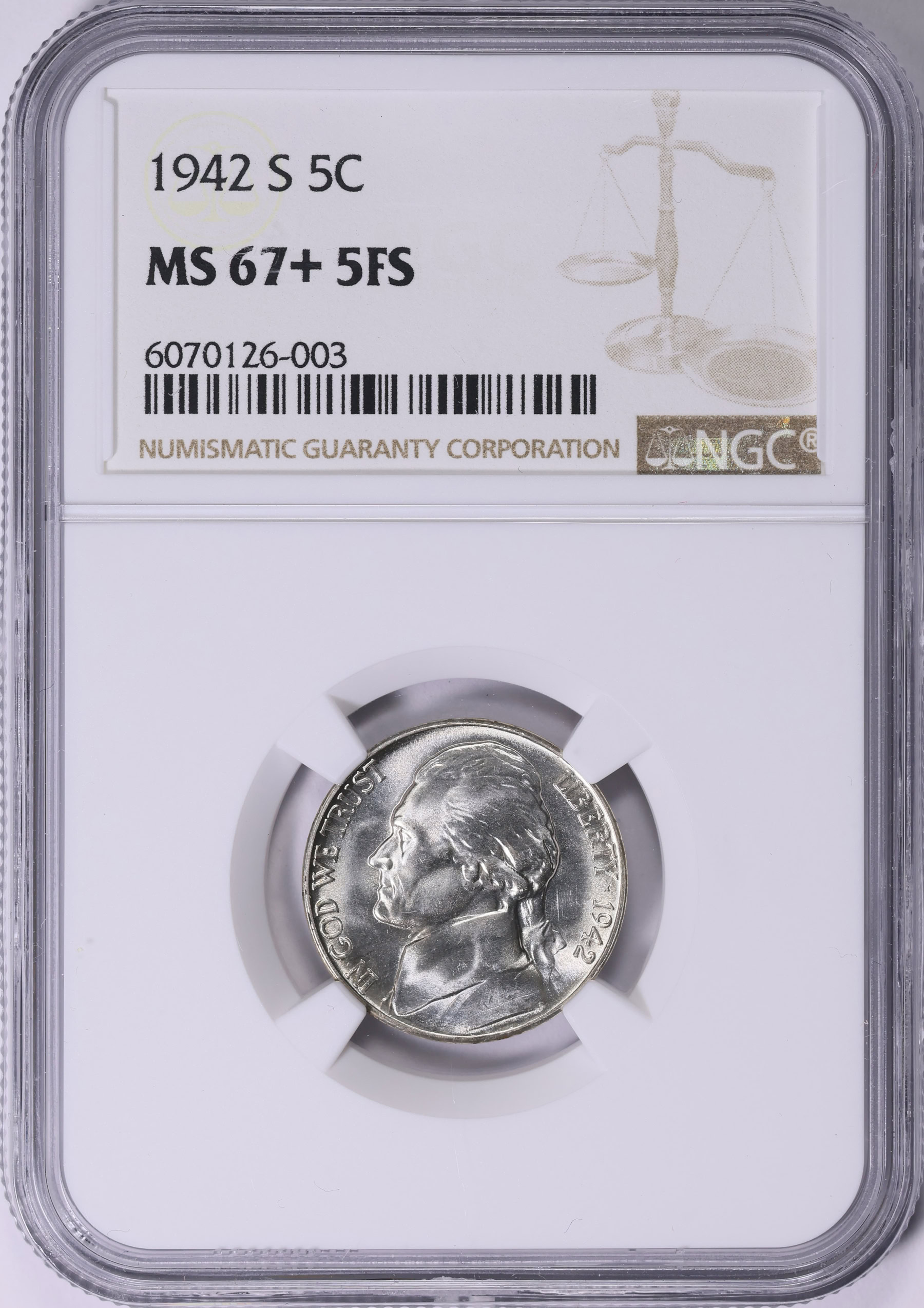 1942-S Jefferson Nickel NGC MS-67+ 5FS (Item 898680) | GreatCollections Coin Auctions