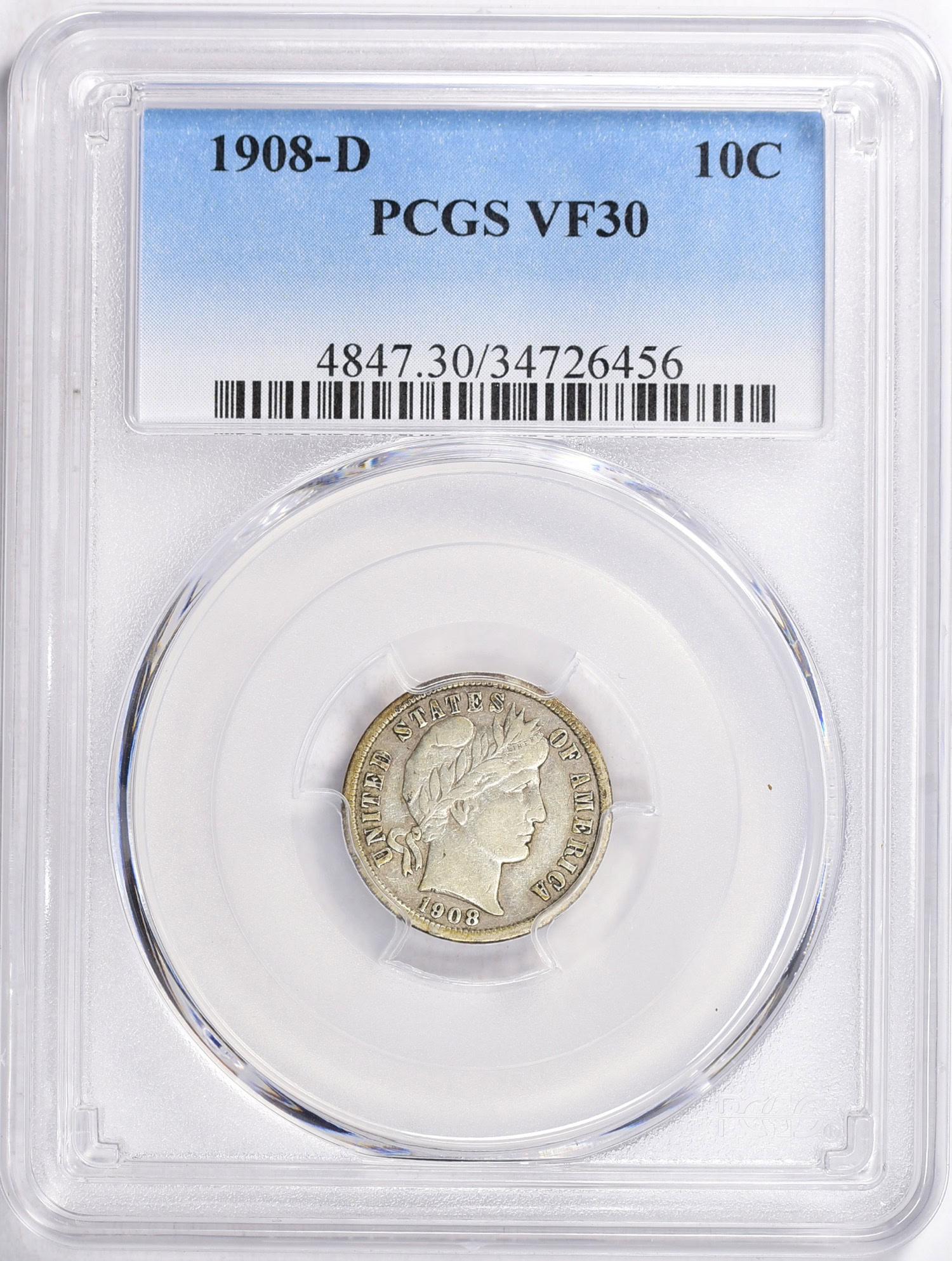 1908-D Barber Dime PCGS VF-30 (Item 904867) | GreatCollections Coin Auctions