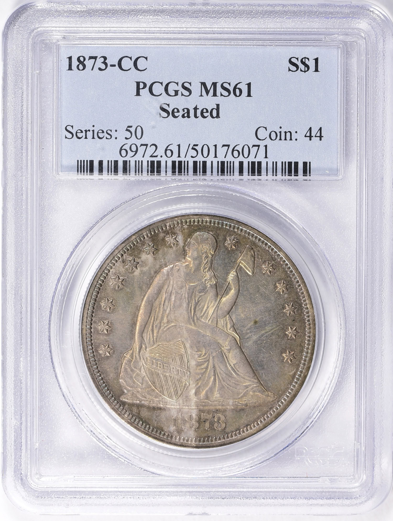 1873-CC Seated Liberty Silver Dollar Seated PCGS MS-61 (Toned) (Item 908552) | GreatCollections ...