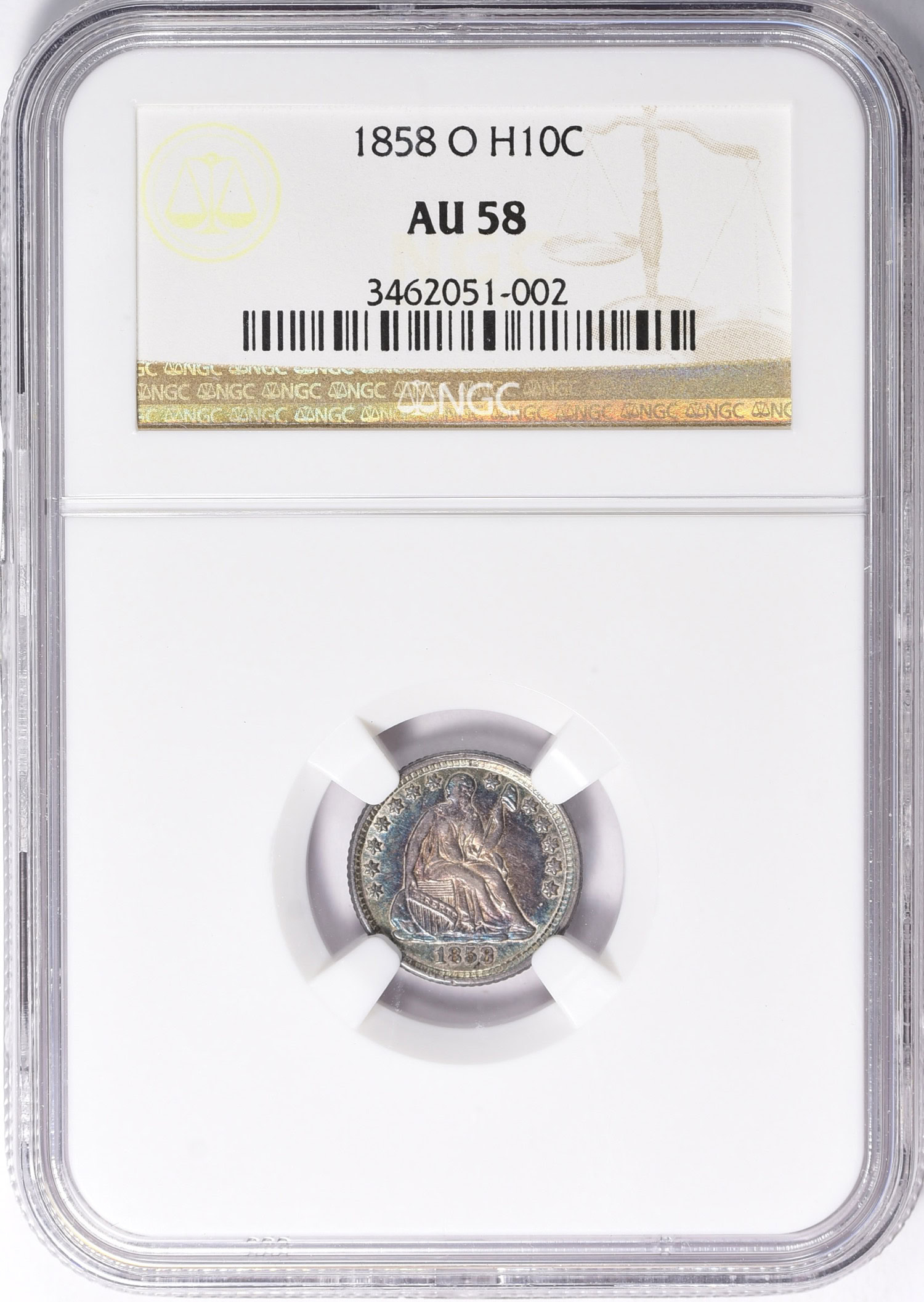 1858-O Seated Liberty Half Dime NGC AU-58 (Toned) (Item 909972) | GreatCollections Coin Auctions