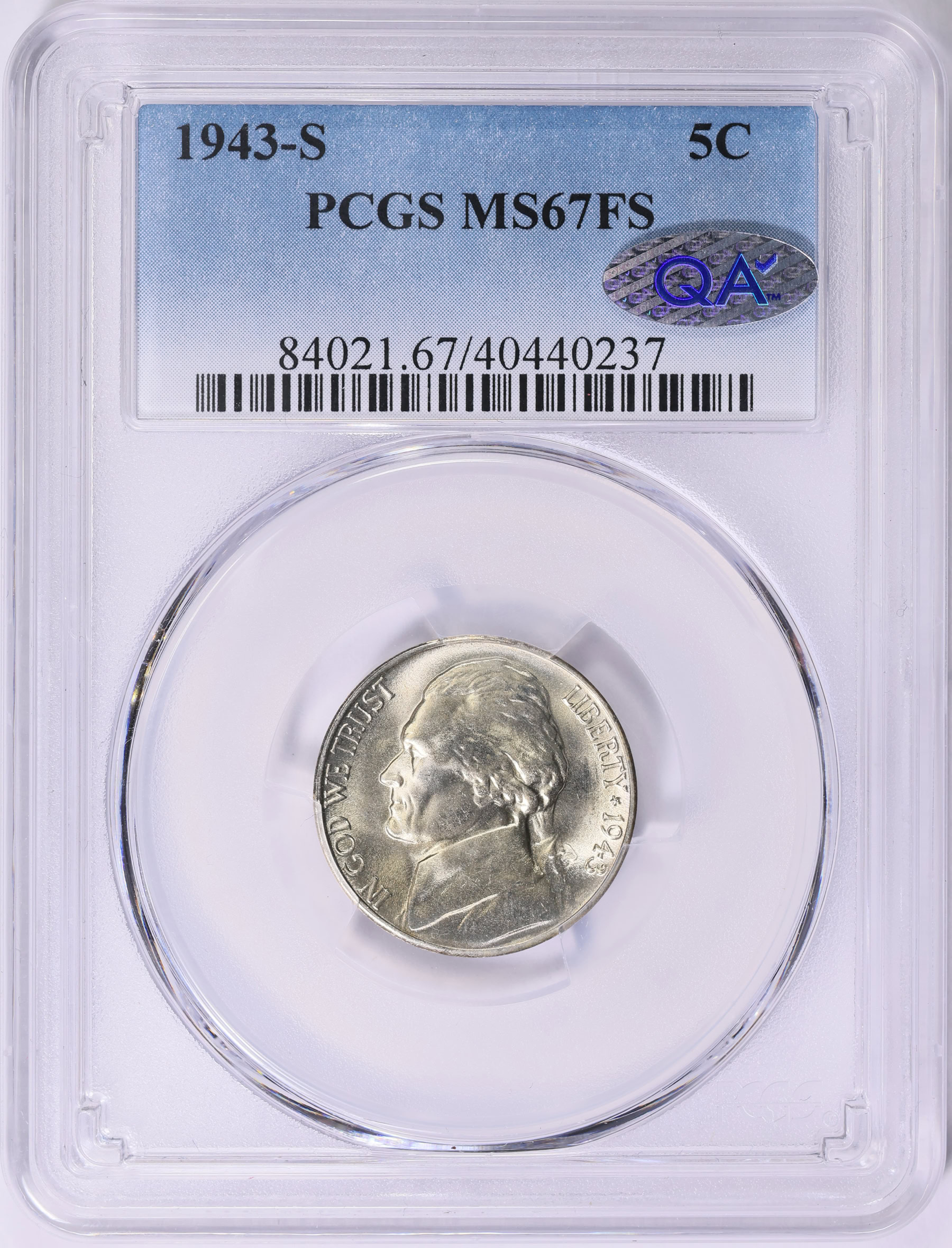 1943-S Jefferson Nickel PCGS MS-67 FS (QA) (Item 912256) | GreatCollections Coin Auctions