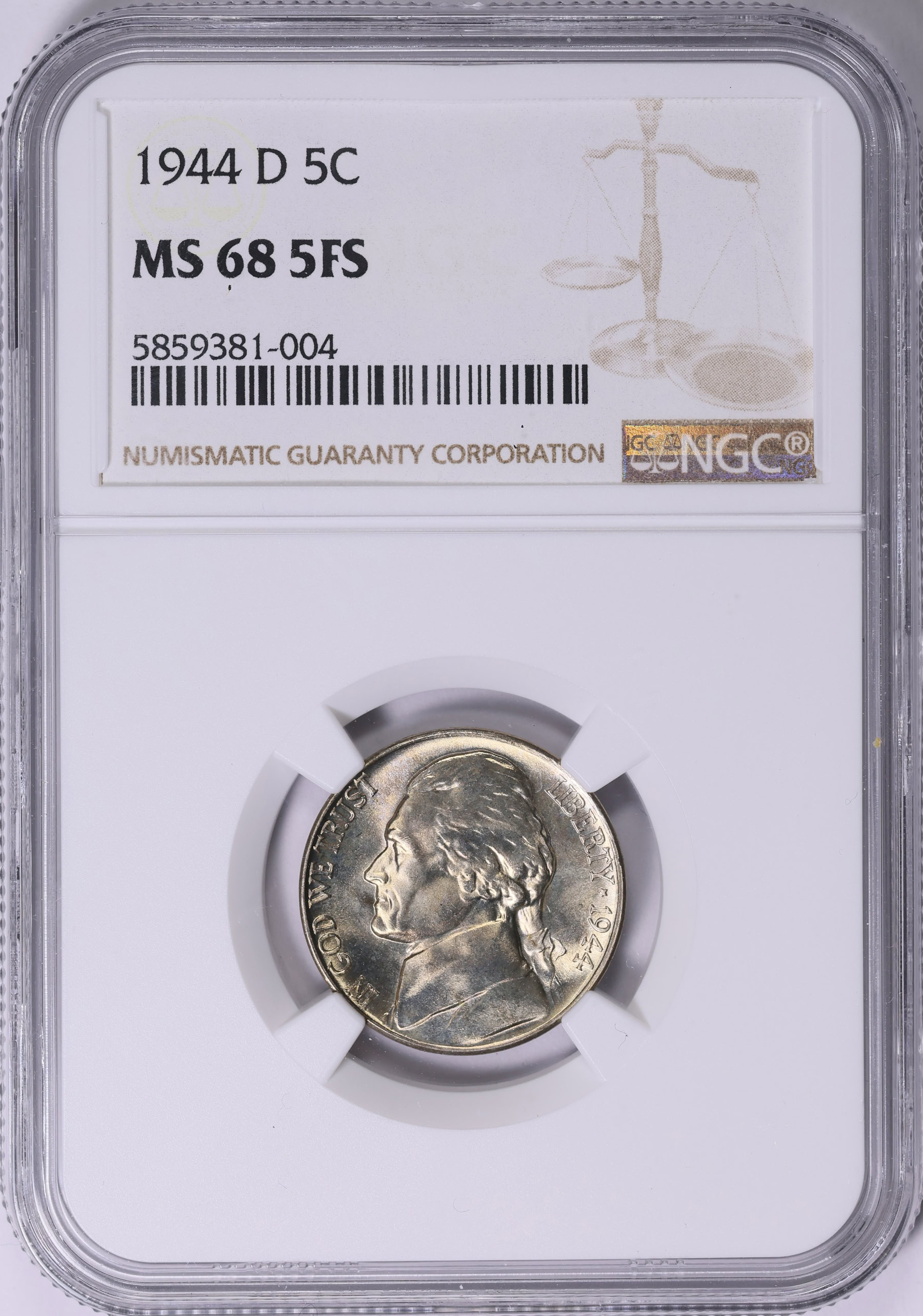 1944-D Jefferson Nickel NGC MS-68 5FS (Toned) (Item 912340) | GreatCollections Coin Auctions