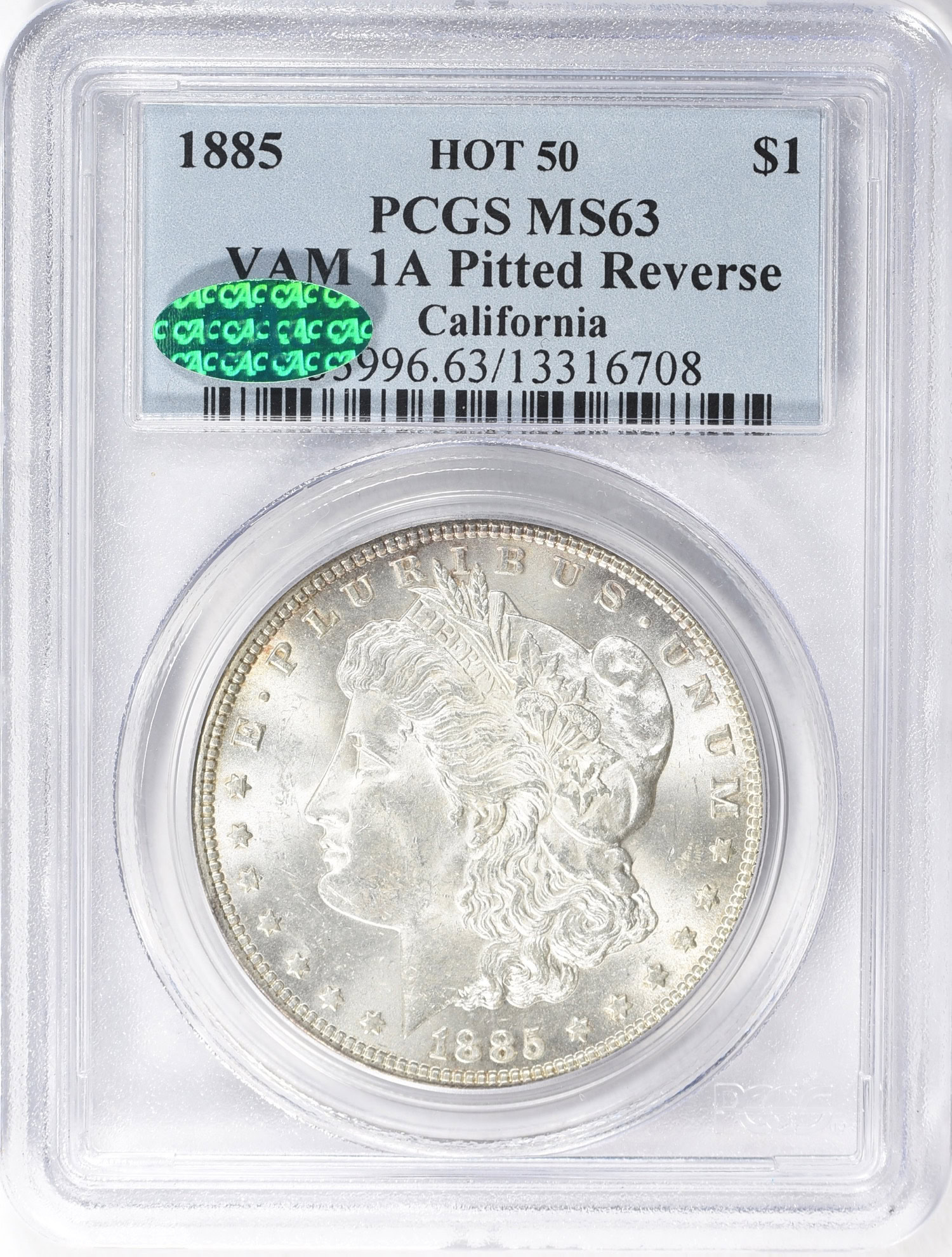1885 Morgan Silver Dollar VAM-1A Pitted Reverse Hot 50 PCGS MS-63 (CAC Green) (California ...