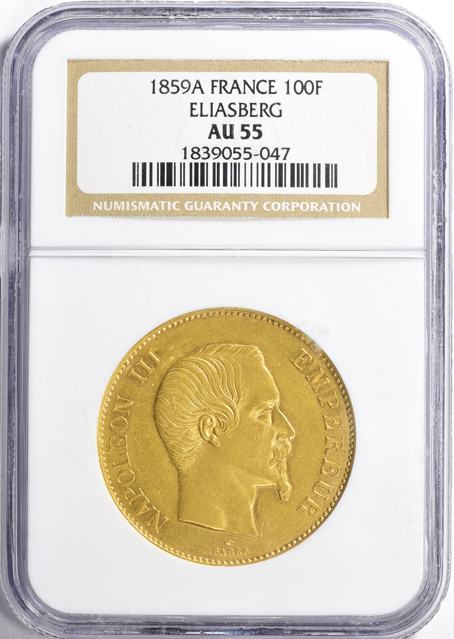 France 1859-A Gold 100 Francs Gad-1135 NGC AU-55 (AGW = 0.9334 oz.) (Ex ...