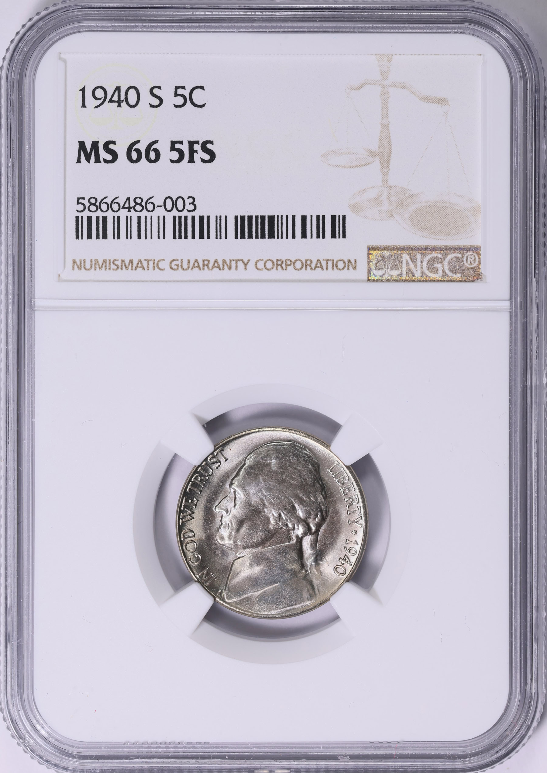 1940-S Jefferson Nickel NGC MS-66 5FS (Item 916136) | GreatCollections Coin Auctions