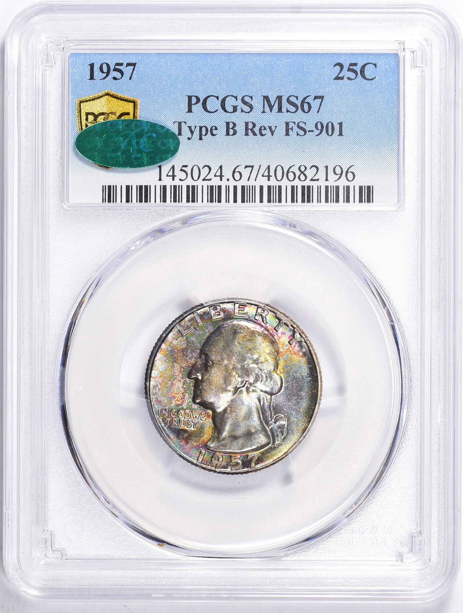 1957 Washington Quarter Type B Rev FS-901 PCGS MS-67 (CAC Green) (Toned) (Item 919292 ...