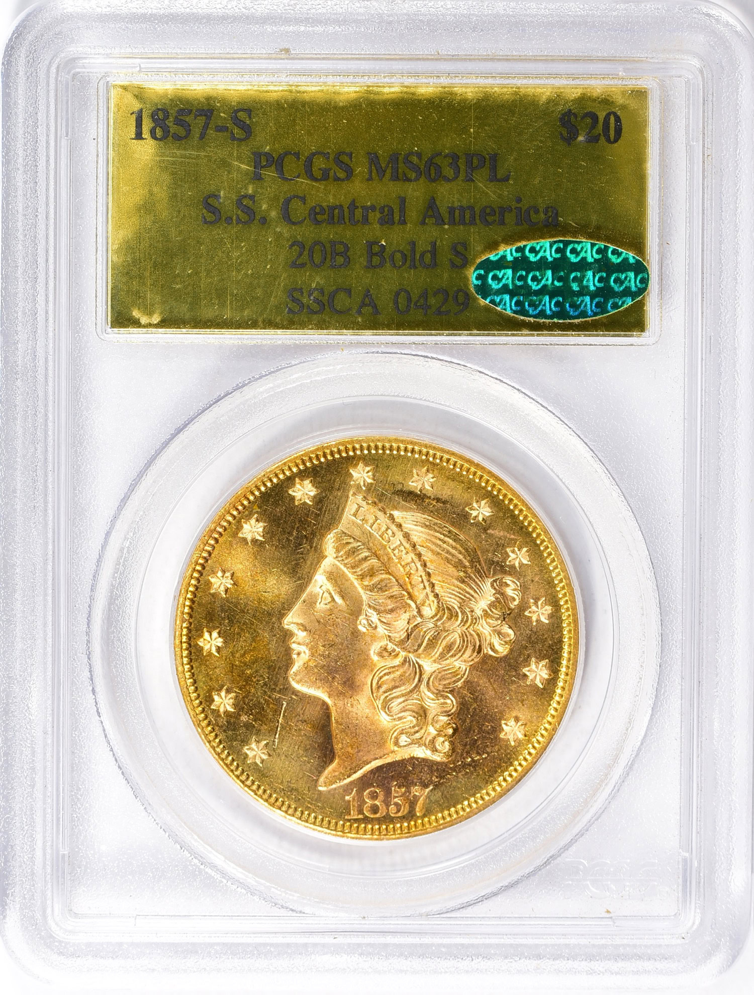 1857-S Liberty Gold Double Eagle Bold S Shipwreck S.S. Central America PCGS MS-63 PL (CAC Green ...