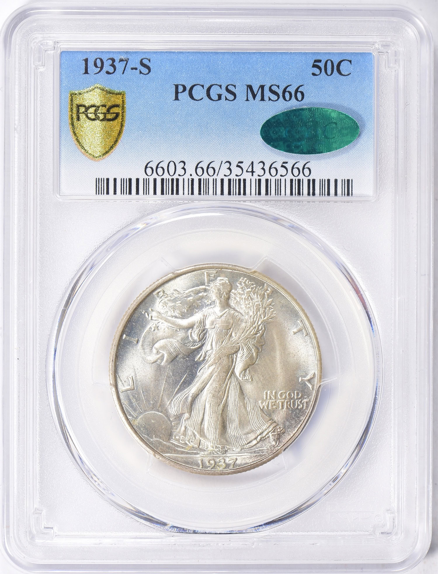 1937-S Walking Liberty Half Dollar PCGS MS-66 (CAC Green) (Item 920868) | GreatCollections Coin ...