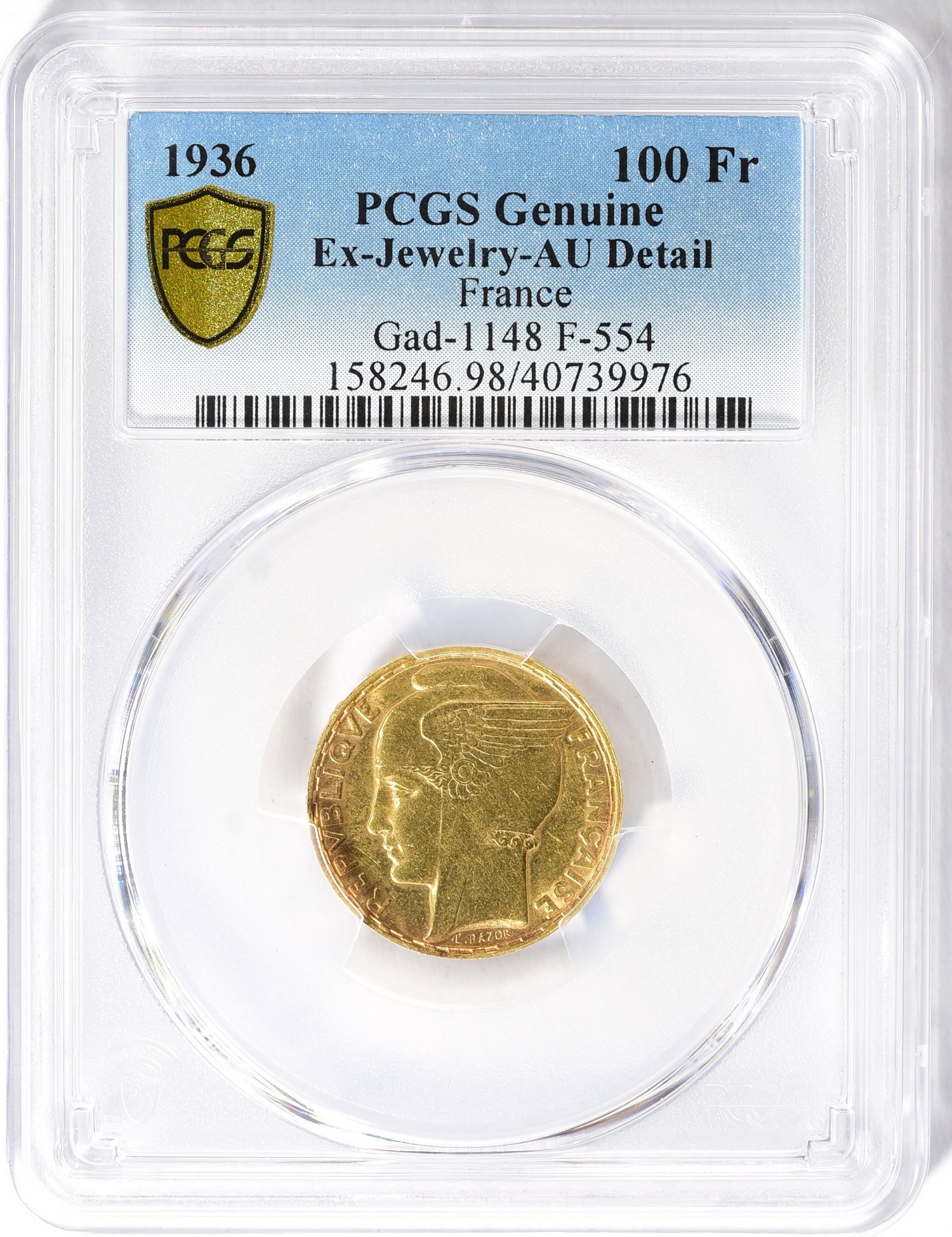 France 1936 Gold 100 Francs Gad-1148 PCGS Genuine AU Details (AGW = 0. ...