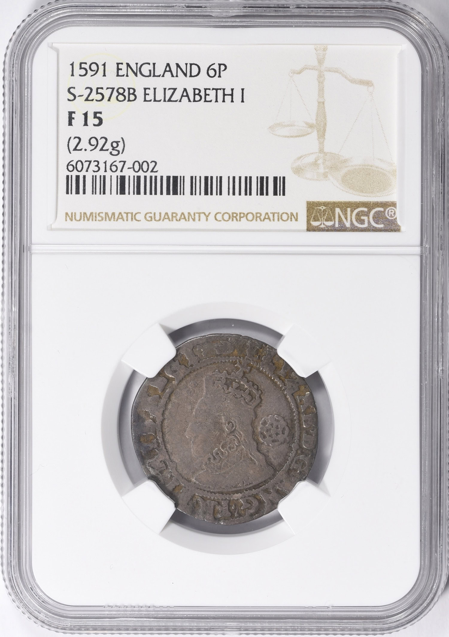 Great Britain 1591 Silver 6 Pence of Elizabeth I S-2578B NGC F-15 (2 ...