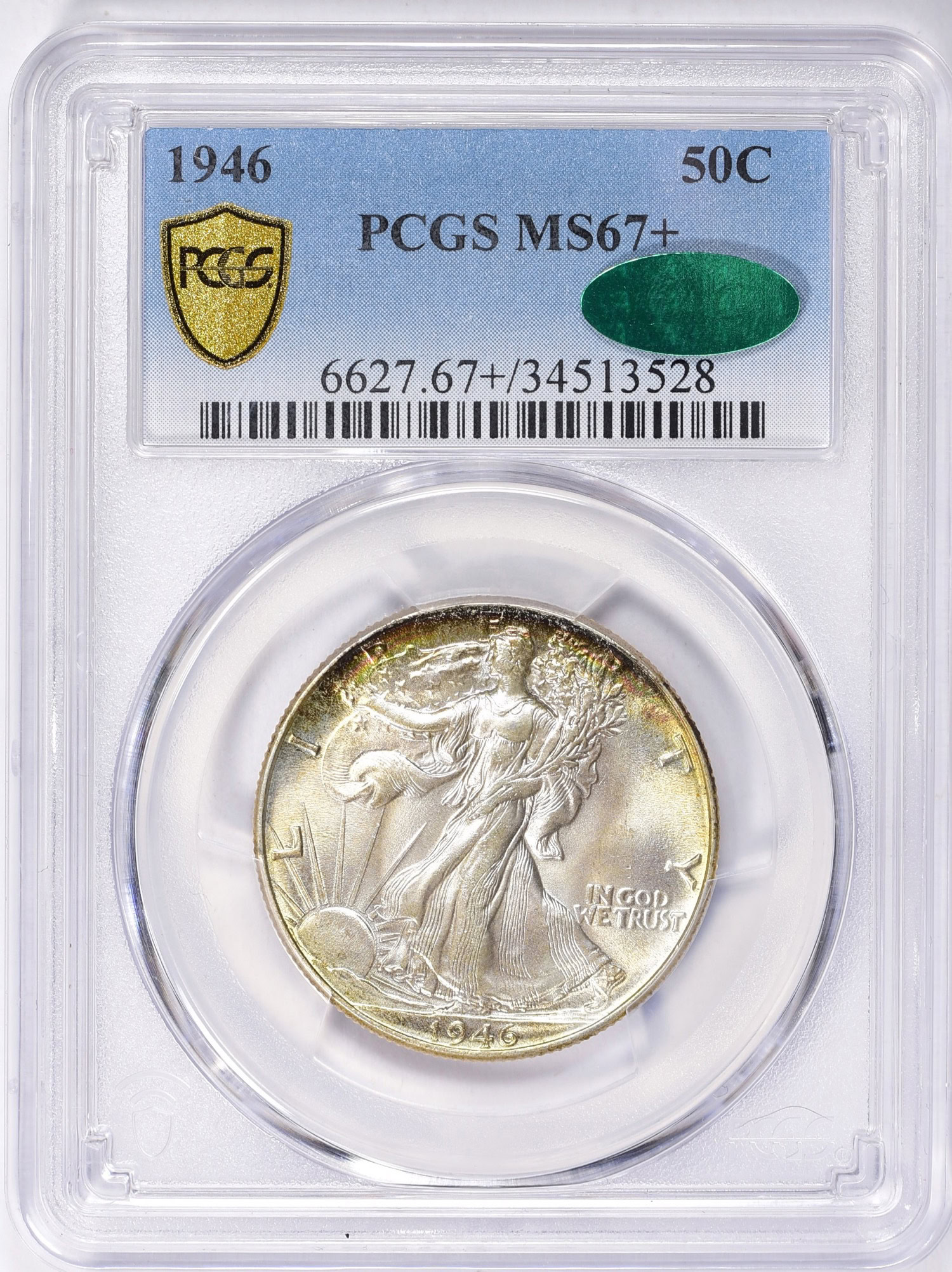 1946 Walking Liberty Half Dollar PCGS MS-67+ (CAC Green) (Toned) (Item 943832 ...