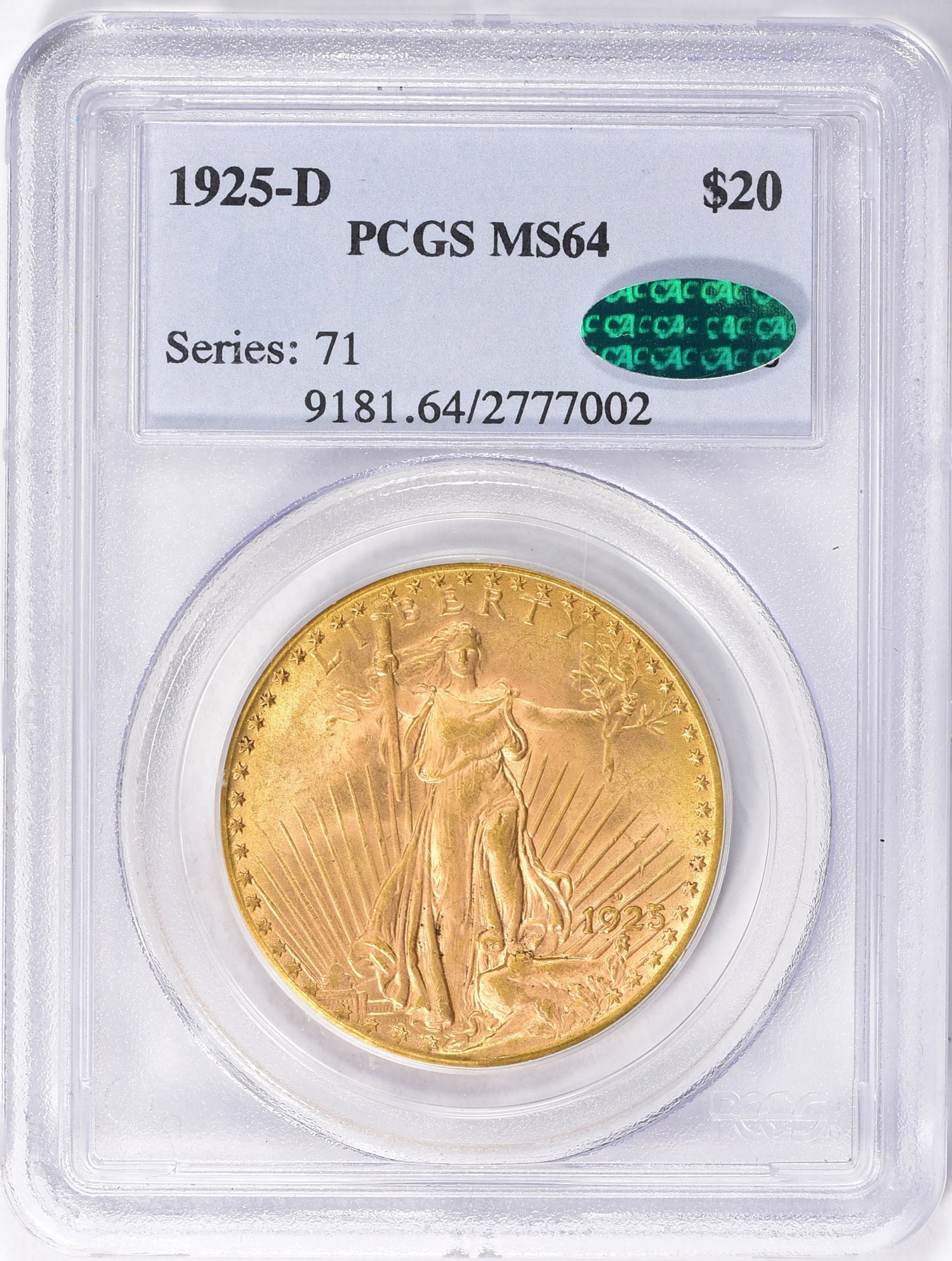 1925-D Saint-Gaudens Gold Double Eagle PCGS MS-64 (CAC Green) (Item 945550) | GreatCollections ...