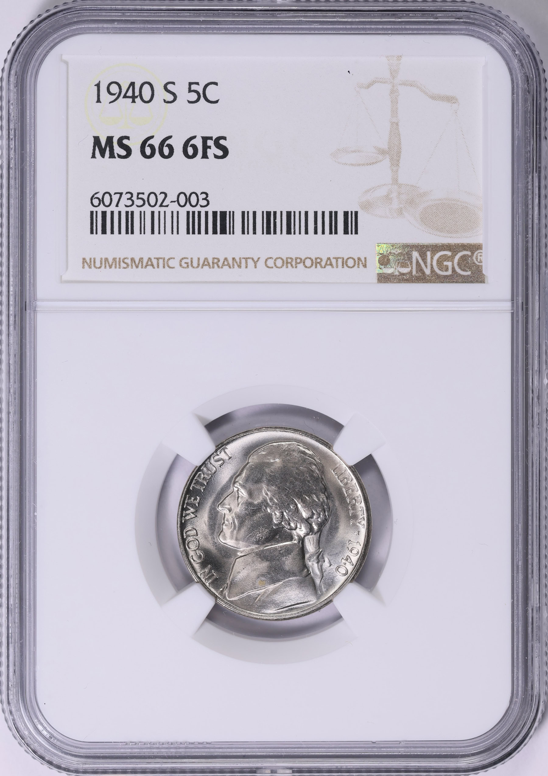 1940-S Jefferson Nickel NGC MS-66 6FS (Item 946226) | GreatCollections Coin Auctions
