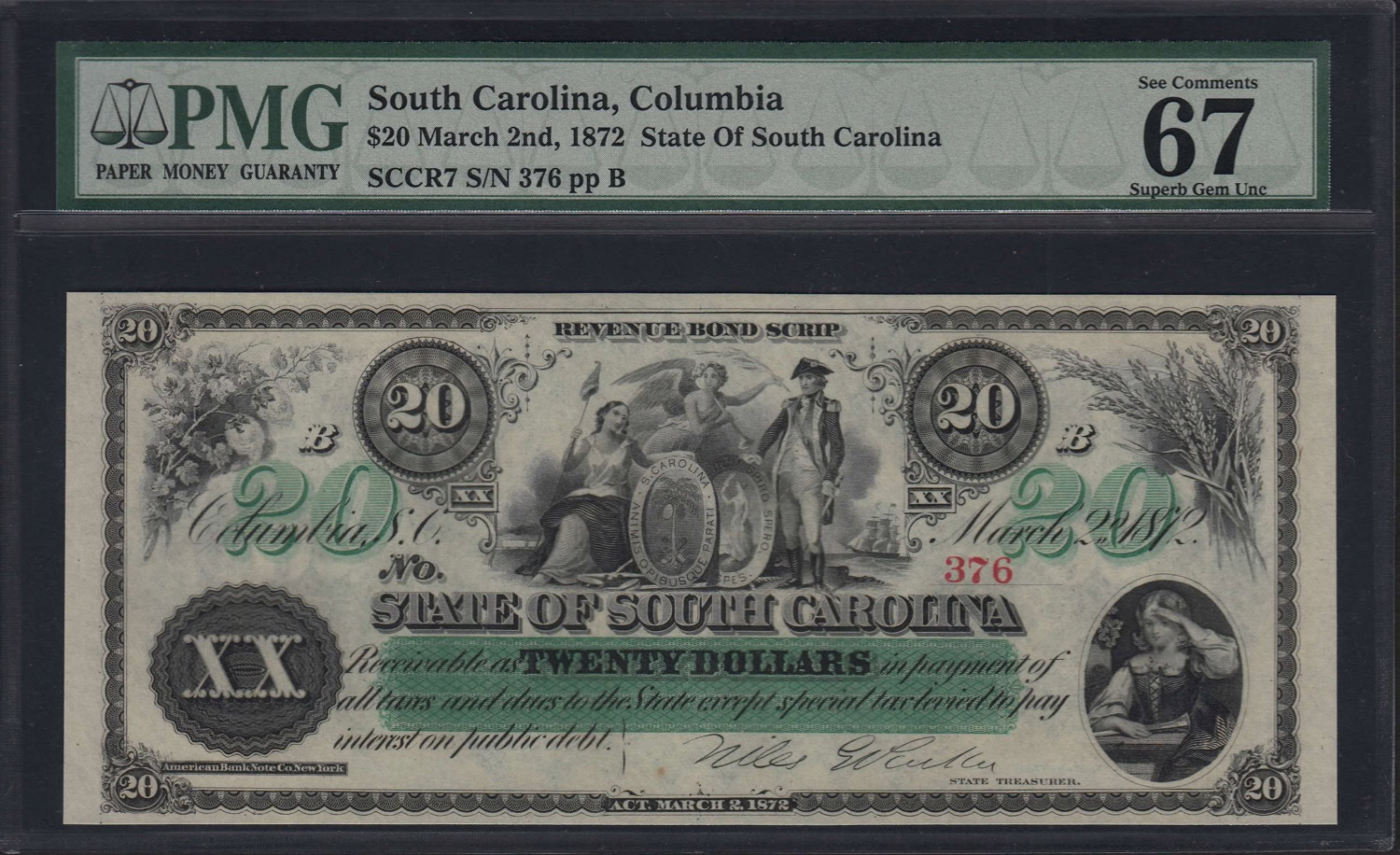 Mar. 2, 1872 Columbia, South Carolina State of South Carolina $20 Note ...