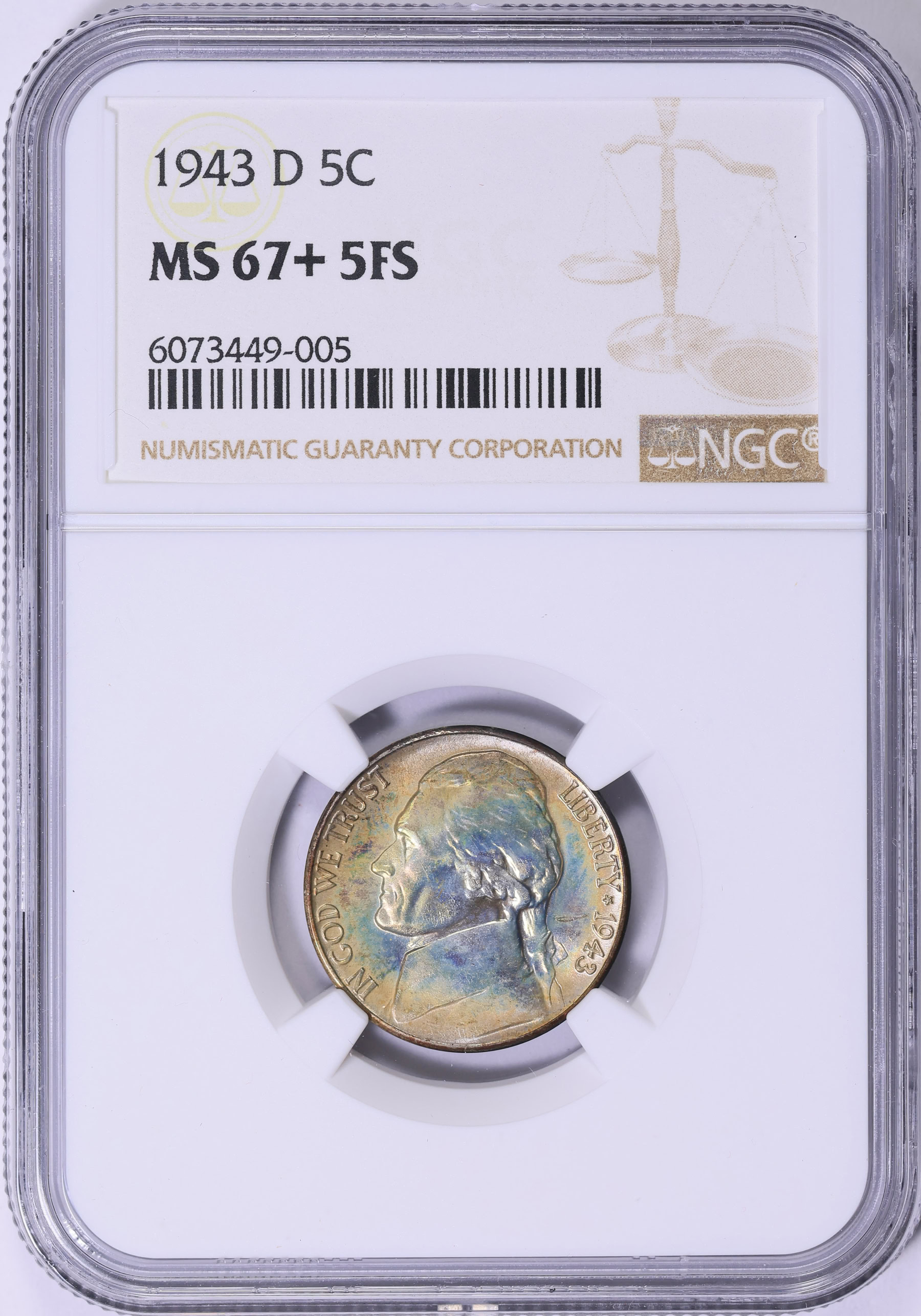1943-D Jefferson Nickel NGC MS-67+ 5FS (Toned) (Item 949088) | GreatCollections Coin Auctions