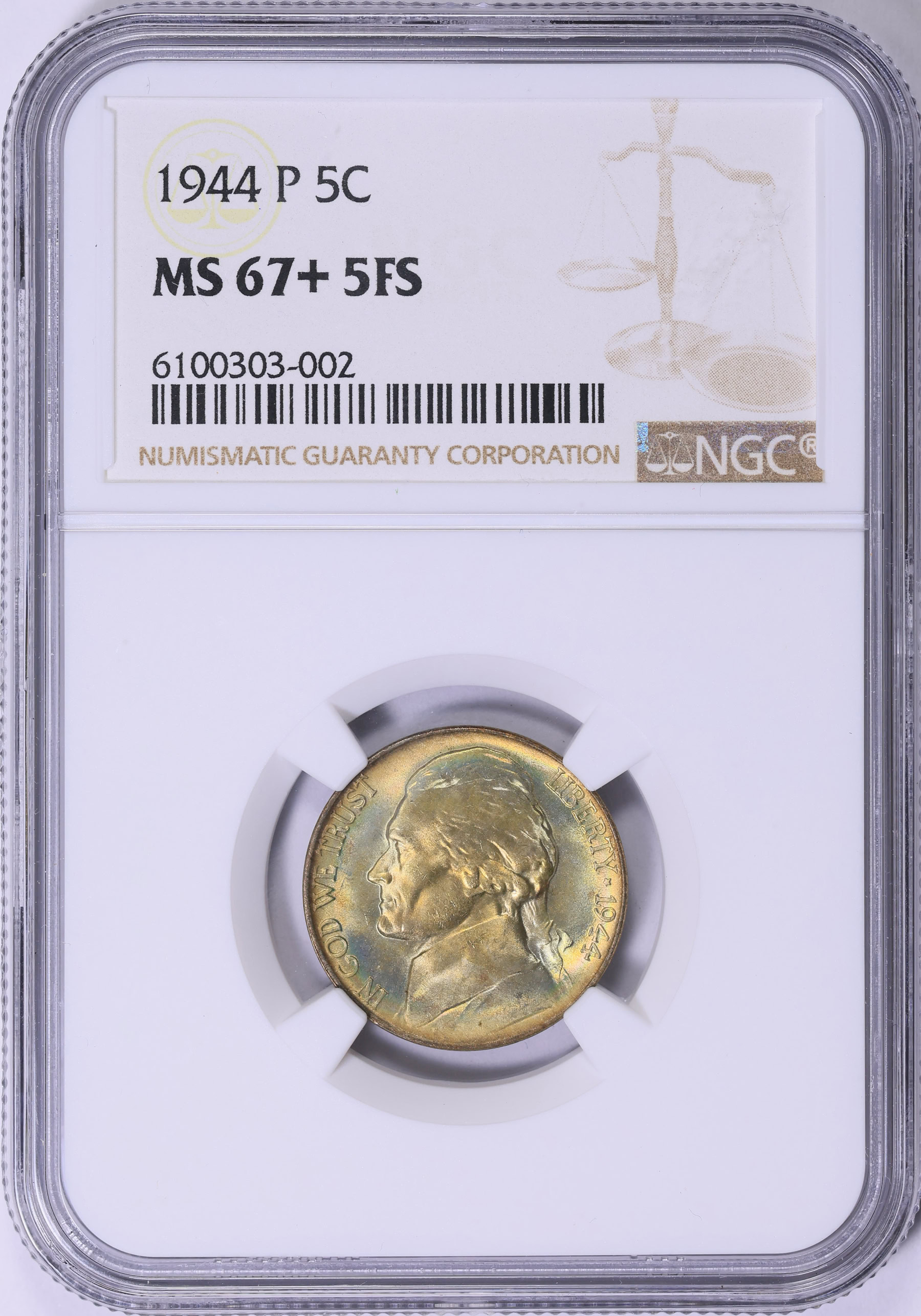 1944-P Jefferson Nickel NGC MS-67+ 5FS (Toned) (Item 951928) | GreatCollections Coin Auctions