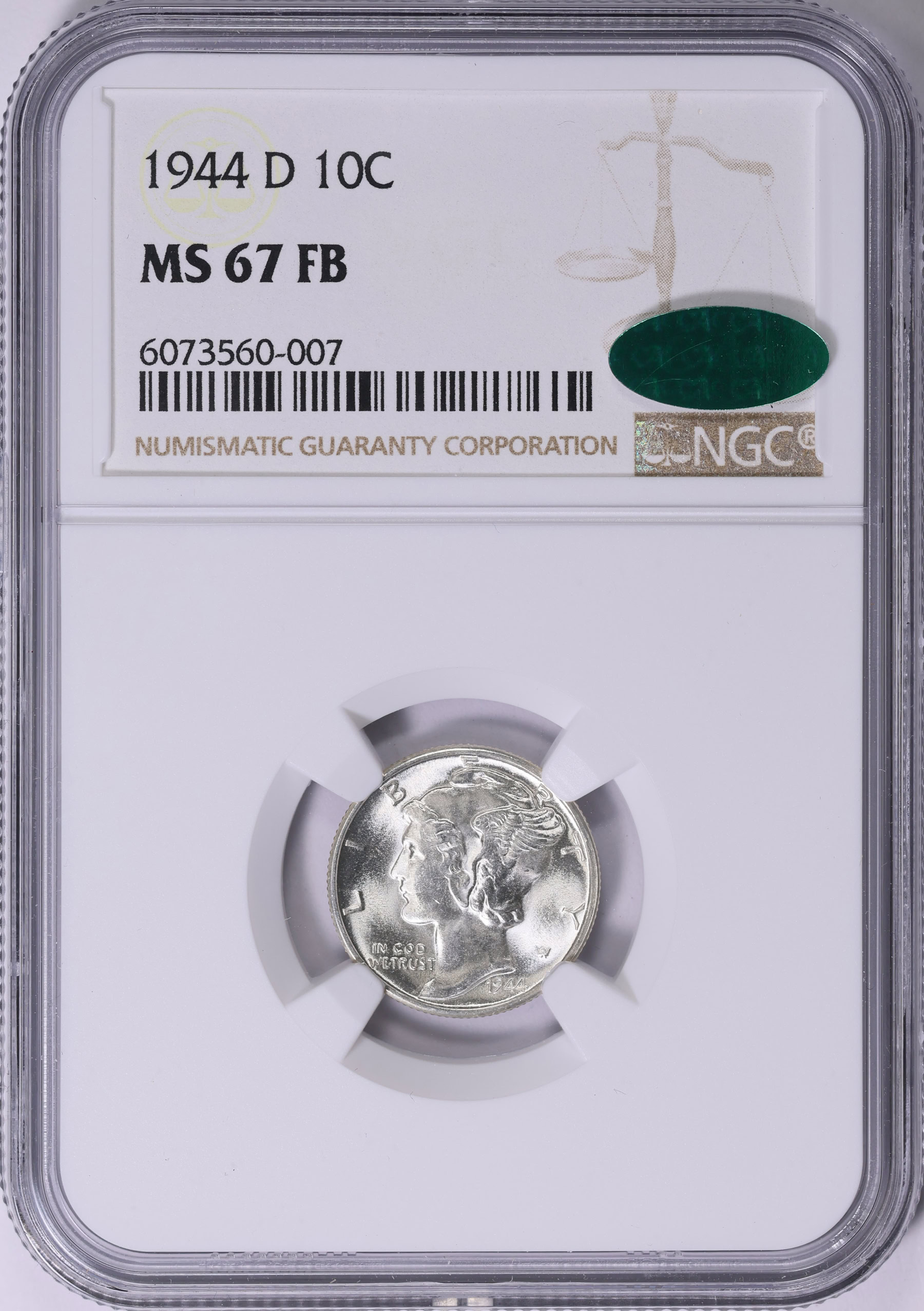 1944-D Mercury Dime NGC MS-67 FB (CAC Green) (Item 951940) | GreatCollections Coin Auctions