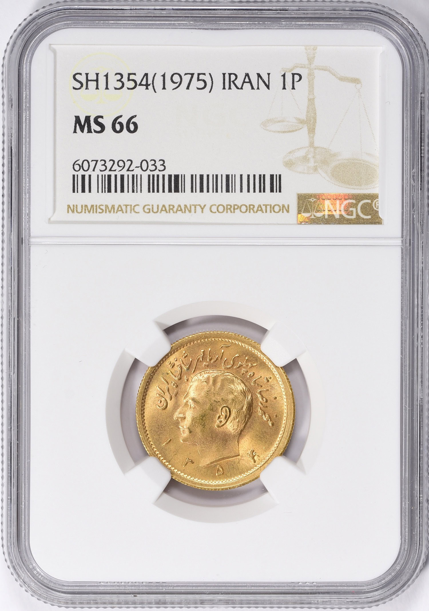 Iran SH 1354 (1975) Gold Pahlavi KM-1200 NGC MS-66 (AGW = 0.2354 oz.) | NGC Cert #6073292-033 ...
