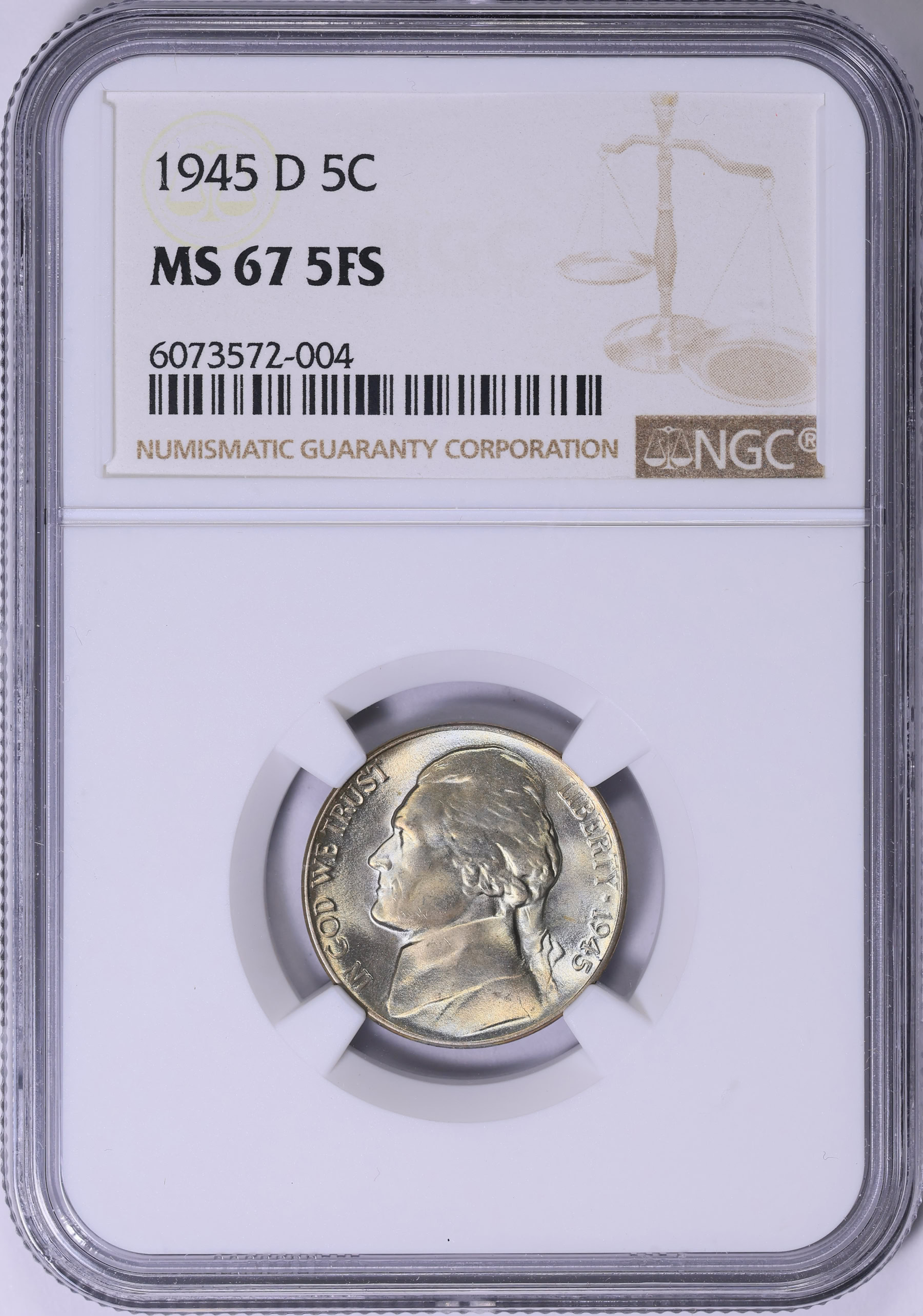 1945-D Jefferson Nickel NGC MS-67 5FS (Toned) (Item 955526) | GreatCollections Coin Auctions