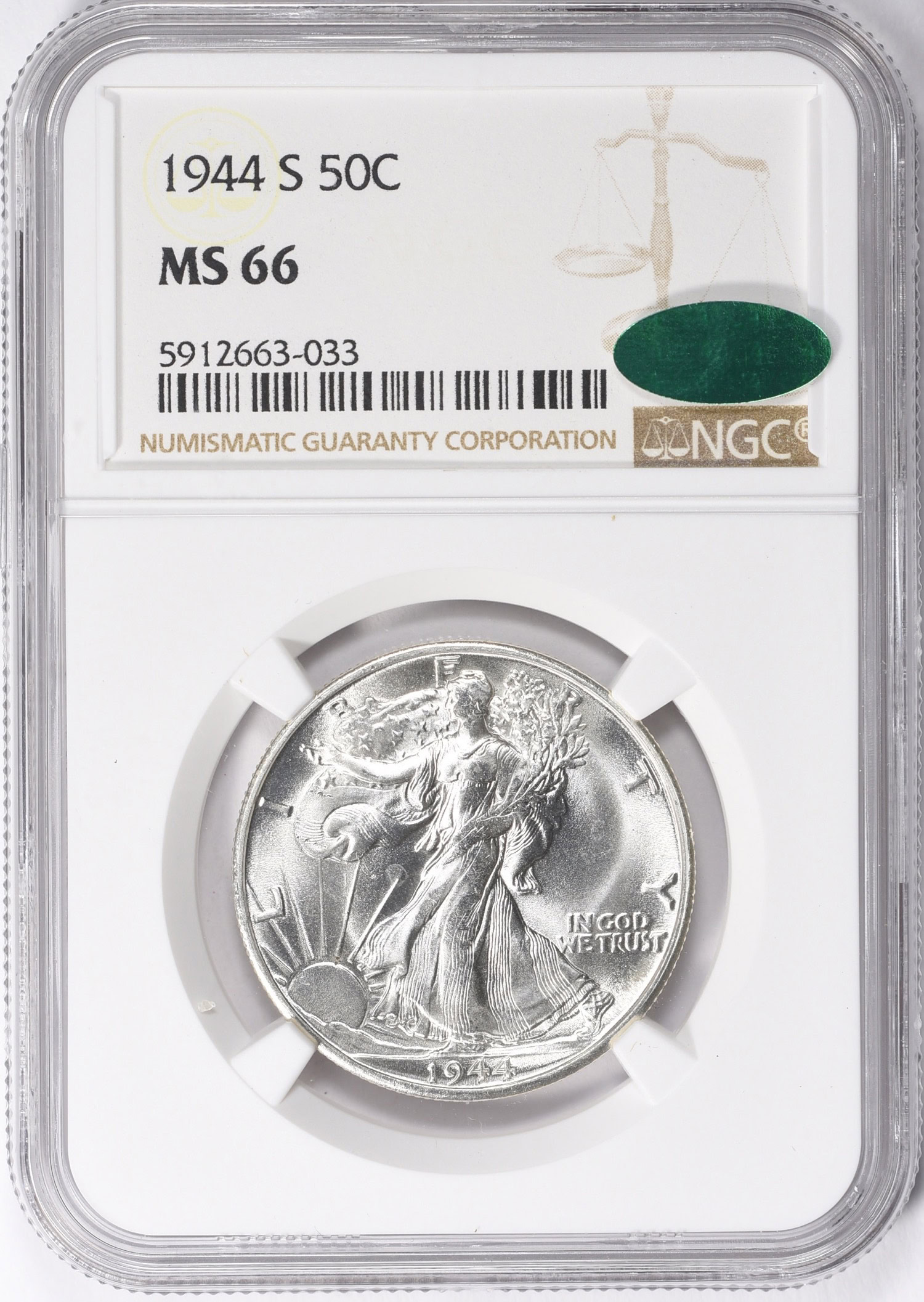1944-S Walking Liberty Half Dollar NGC MS-66 (CAC Green) (Item 956509) | GreatCollections Coin ...