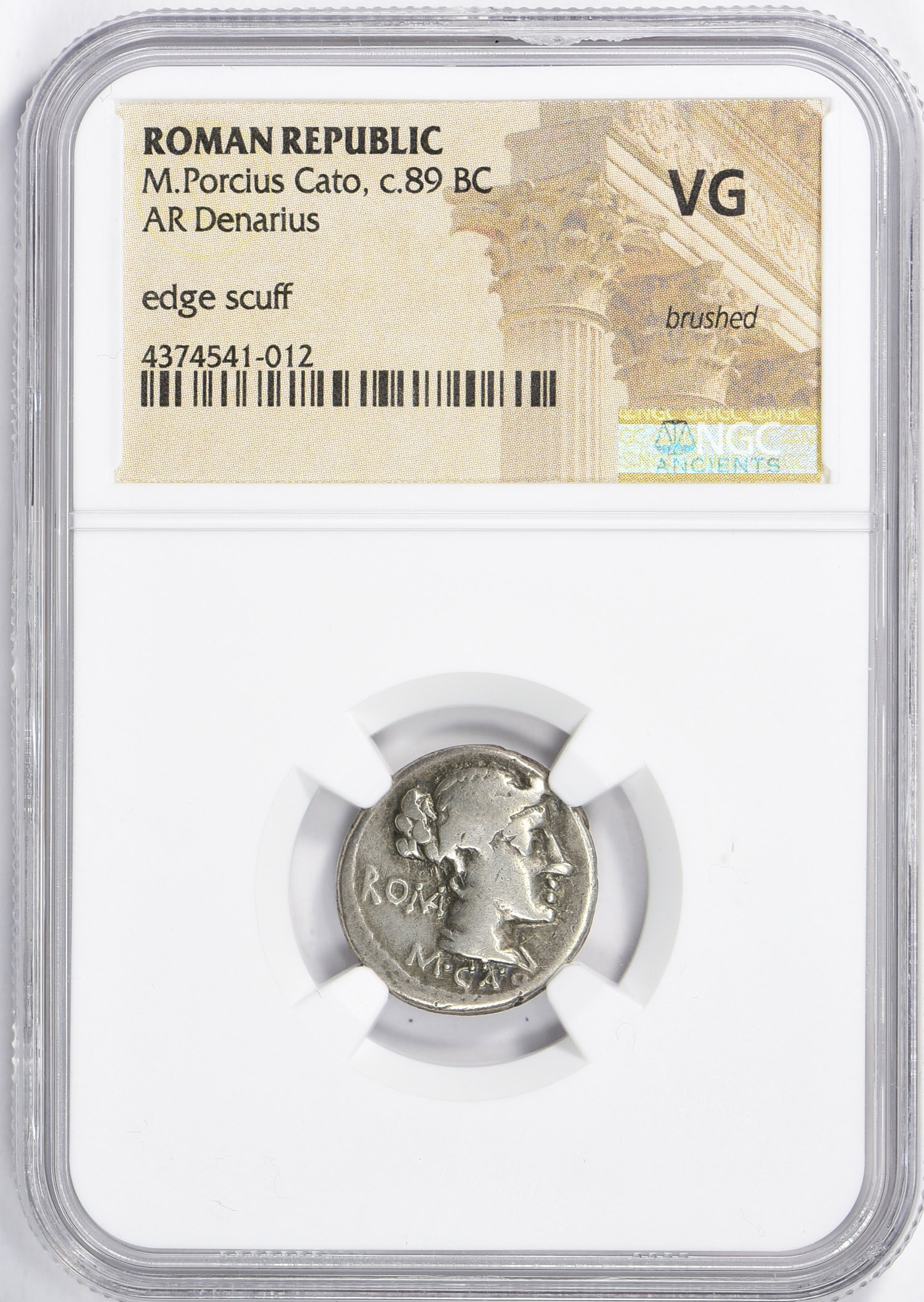 Ancient Roman Republic, M. Porcius Cato Moneyer (c.89 B.C.) AR Denarius ...