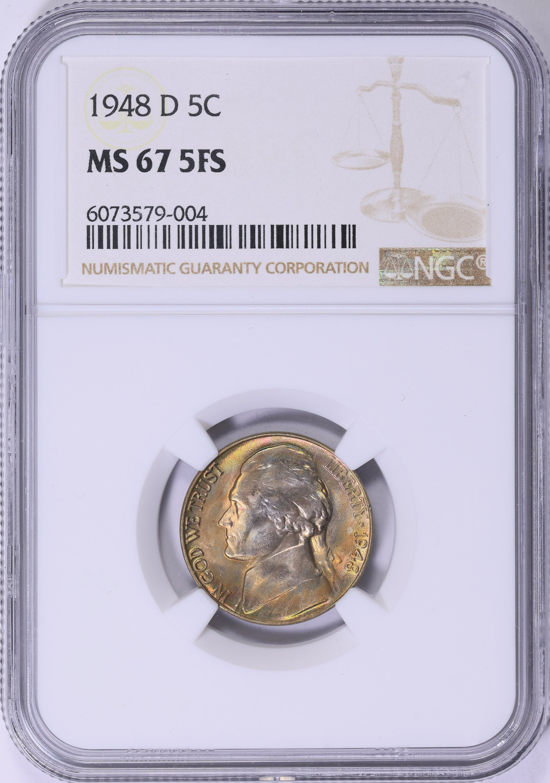 1948-D Jefferson Nickel NGC MS-67 5FS (Toned) (Item 959268) | GreatCollections Coin Auctions