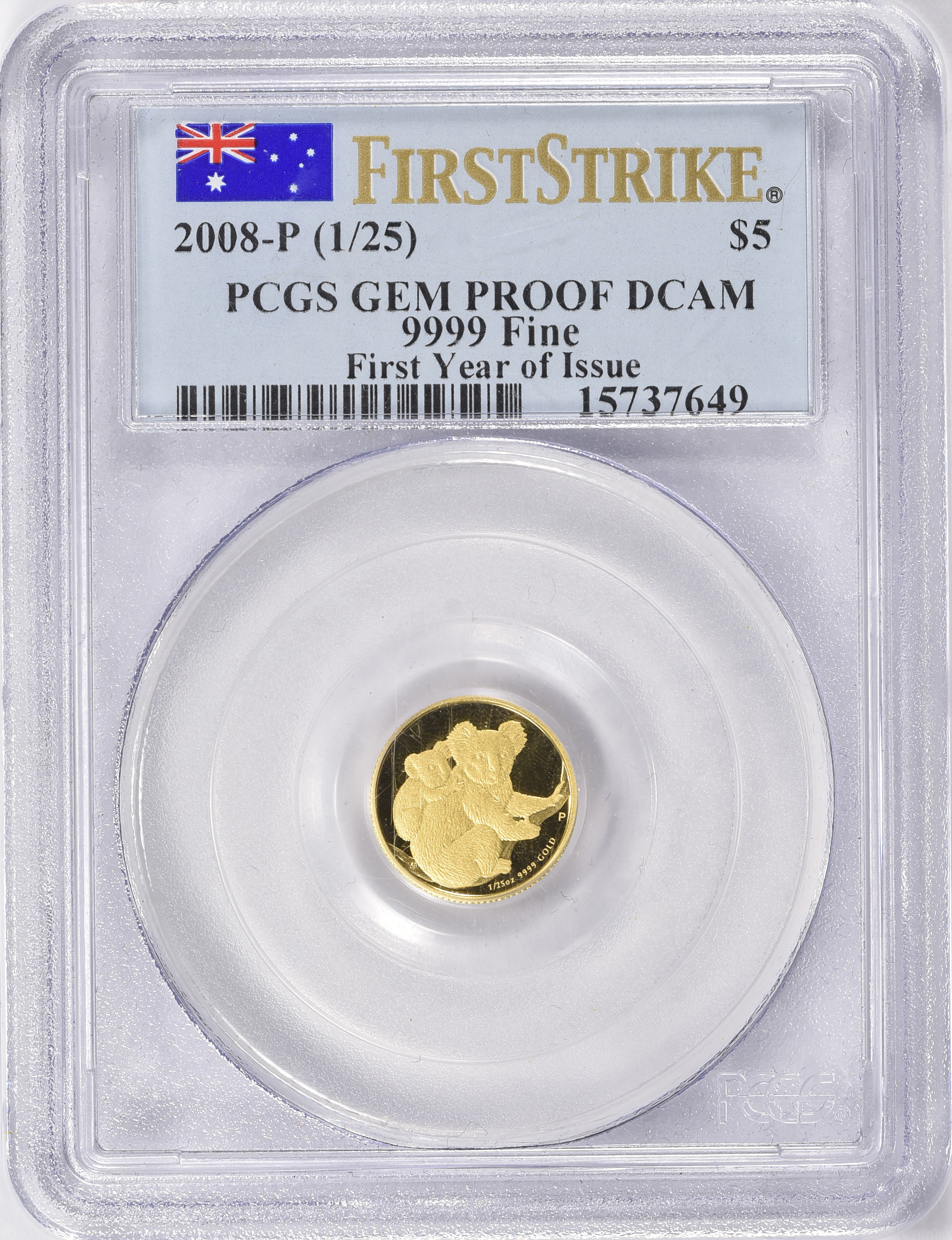 Australia 2008-P Gold $5 Koala KM-1872 First Strike PCGS Gem Proof DCAM ...