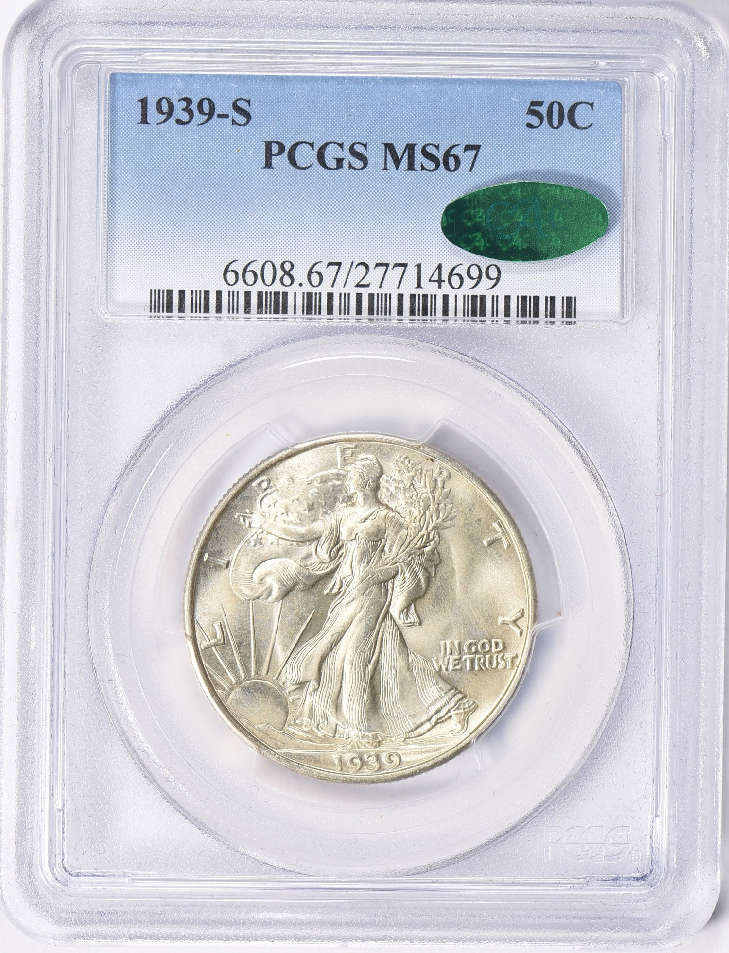 1939-S Walking Liberty Half Dollar PCGS MS-67 (CAC Green) (Item 970750) | GreatCollections Coin ...