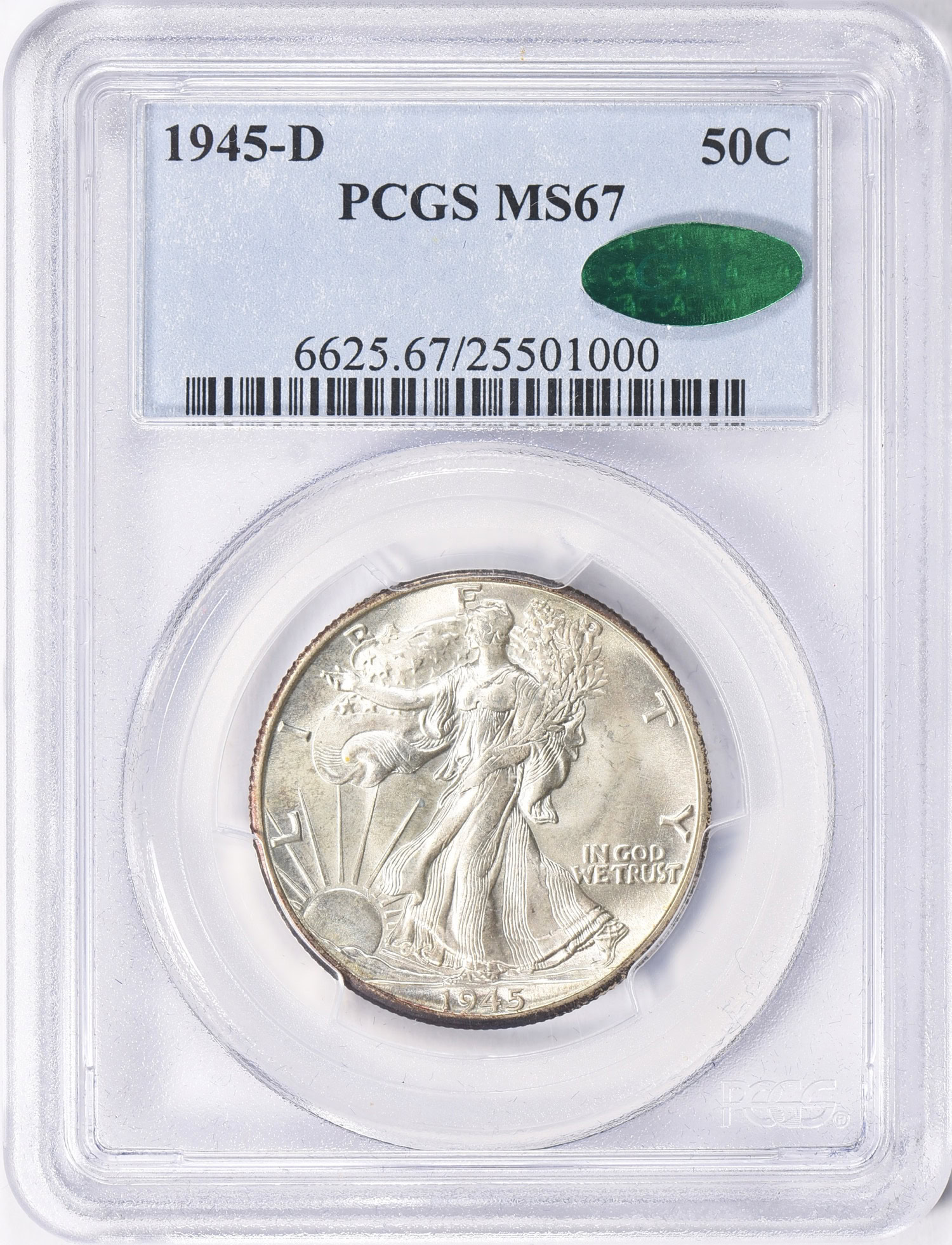 1945-D Walking Liberty Half Dollar PCGS MS-67 (CAC Green) (Item 970756) | GreatCollections Coin ...