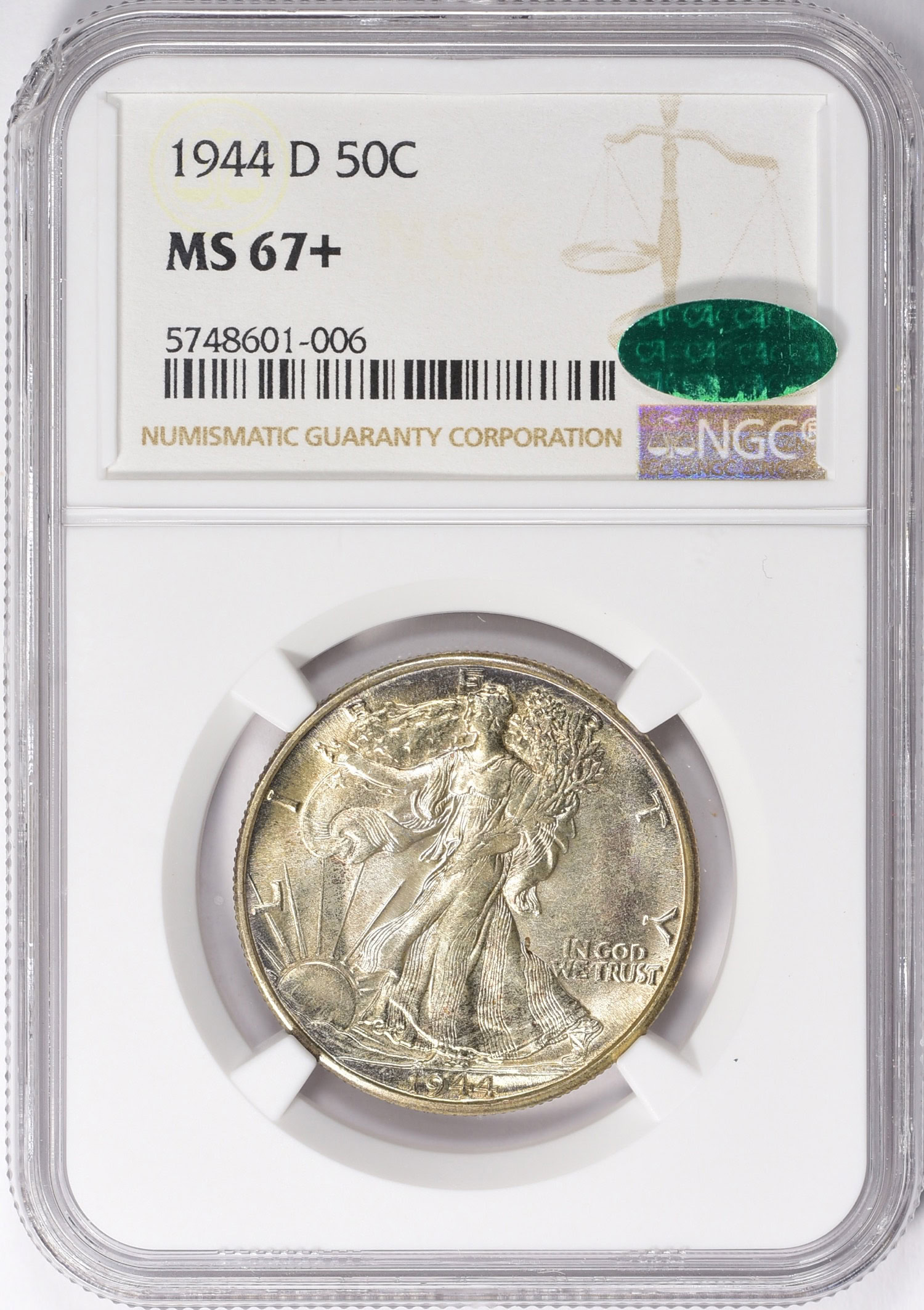 1944-D Walking Liberty Half Dollar NGC MS-67+ (CAC Green) (Toned) (Item 971692 ...