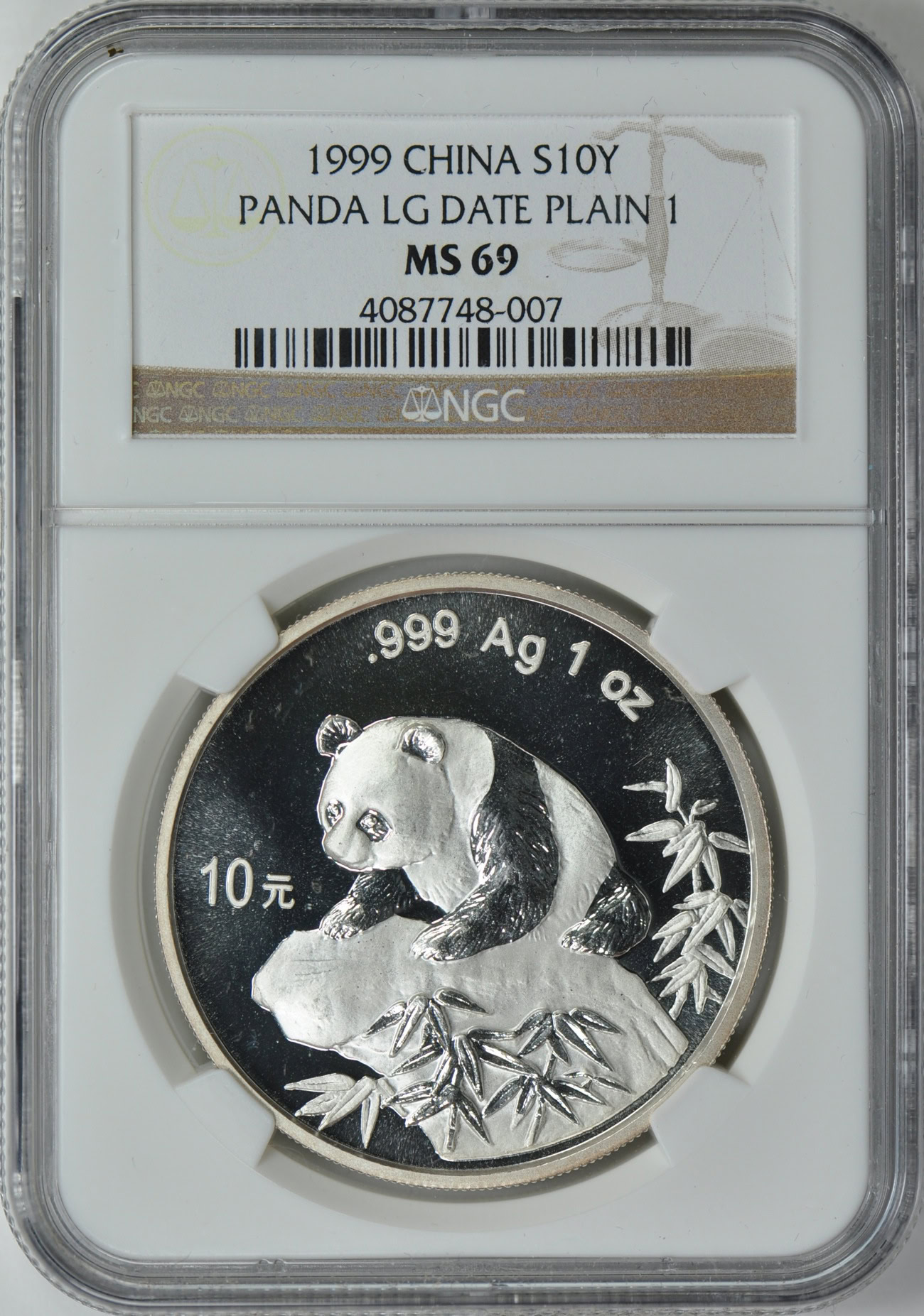 China 1999 Silver 10 Yuan Panda Large Date Plain 1 NGC MS-69 (Item ...
