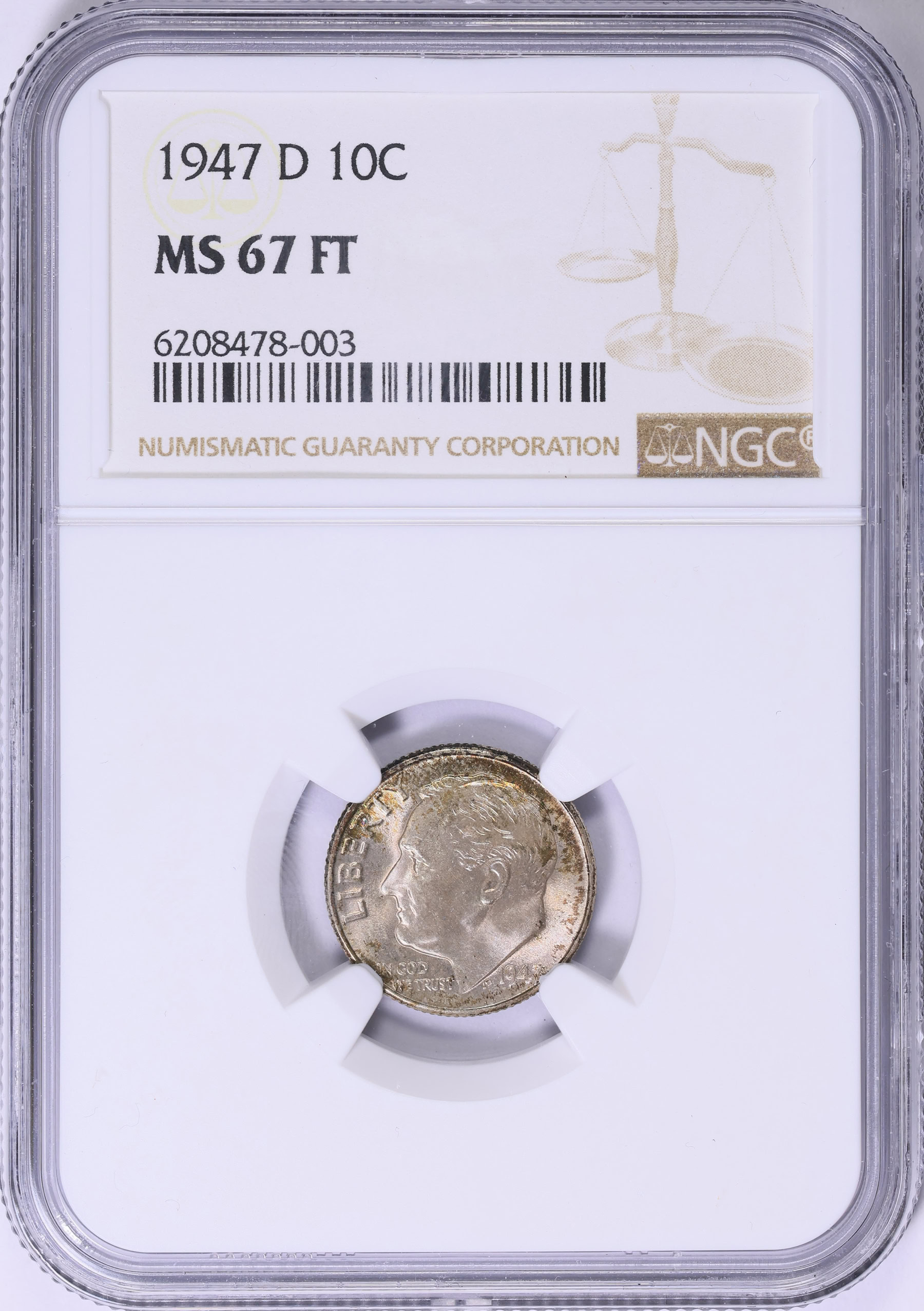 1947-D Roosevelt Dime NGC MS-67 FT (Toned) (Item 994746) | GreatCollections Coin Auctions