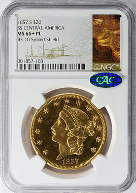 1857-S Liberty Gold Double Eagle Spiked Shield Shipwreck S.S. Central America NGC MS-66+ PL (CAC ...