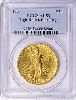 1907 Saint-Gaudens Gold Double Eagle MCMVII. High Relief, Flat Edge PCGS AU-53 (Item 1284399 ...