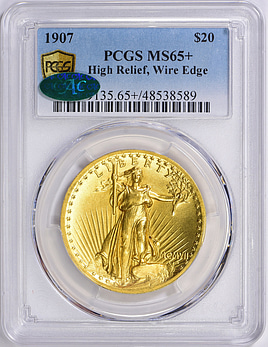 1907 Saint-Gaudens Gold Double Eagle MCMVII. High Relief, Wire Edge PCGS MS-65+ (CAC Green ...