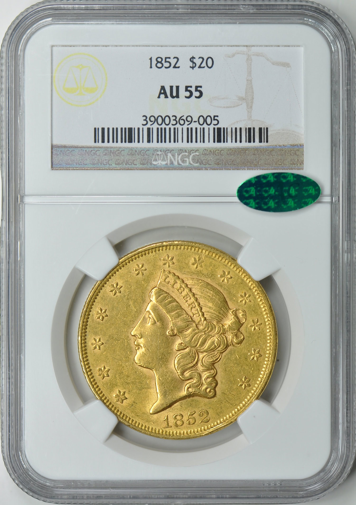 1852 Liberty Gold Double Eagle NGC AU-55 (CAC Green) (Item 1005975) | GreatCollections Coin Auctions
