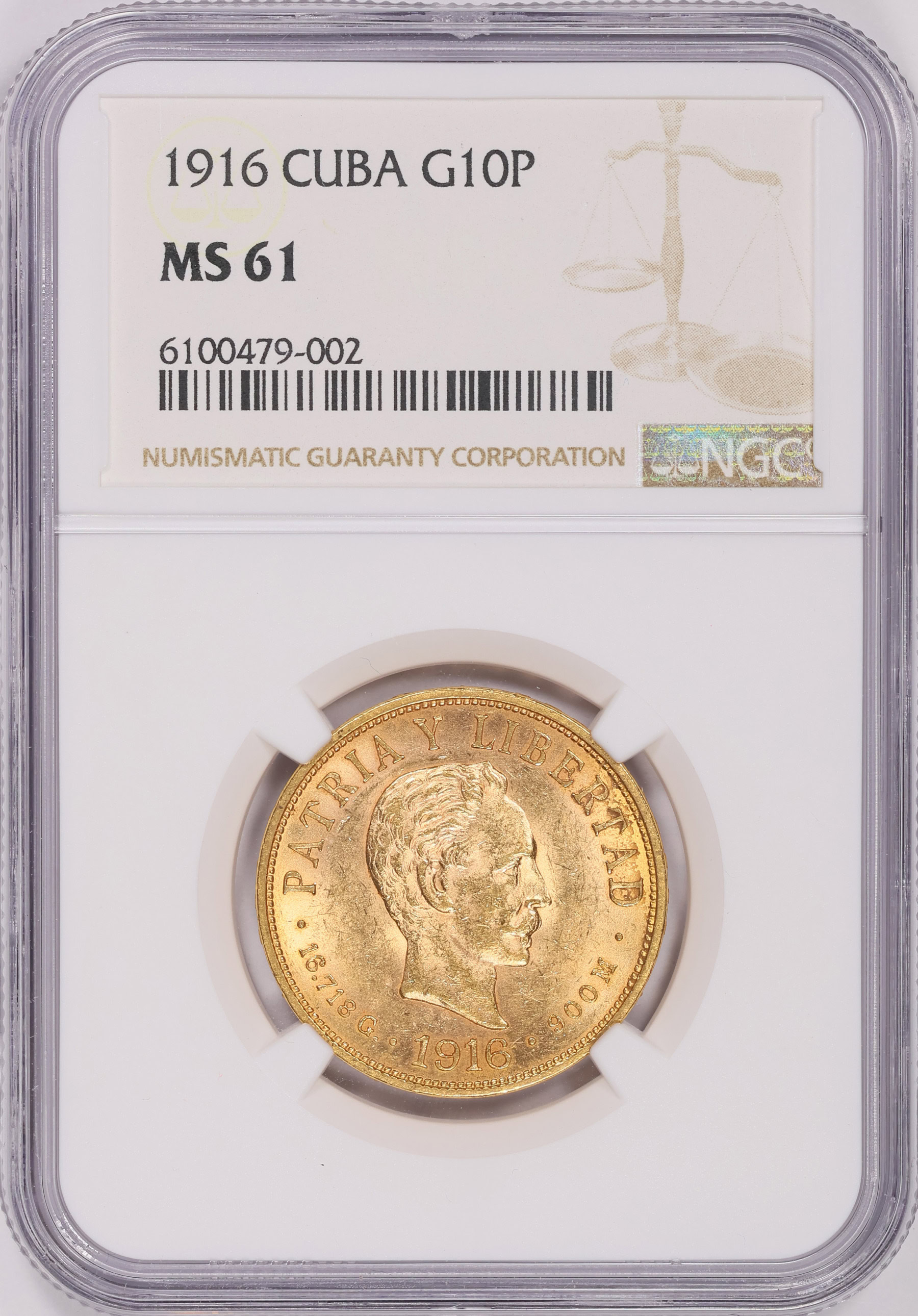 Cuba 1916 Gold 10 Pesos KM-20 NGC MS-61 (AGW = 0.4838 oz.) (Item 1055400) | GreatCollections ...