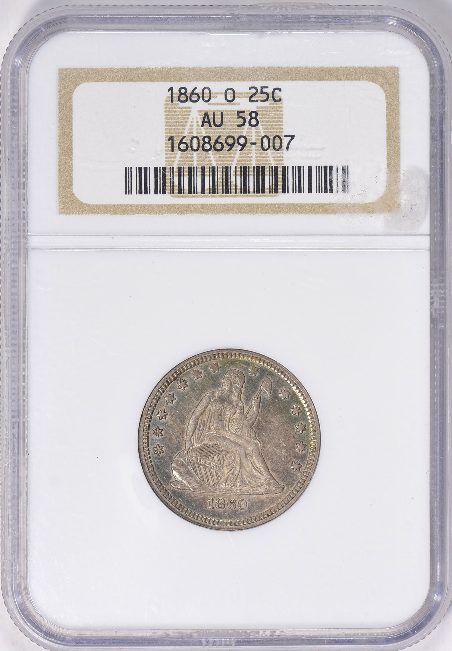 1860-O Seated Liberty Quarter NGC AU-58 (Toned) (Item 1096174 ...