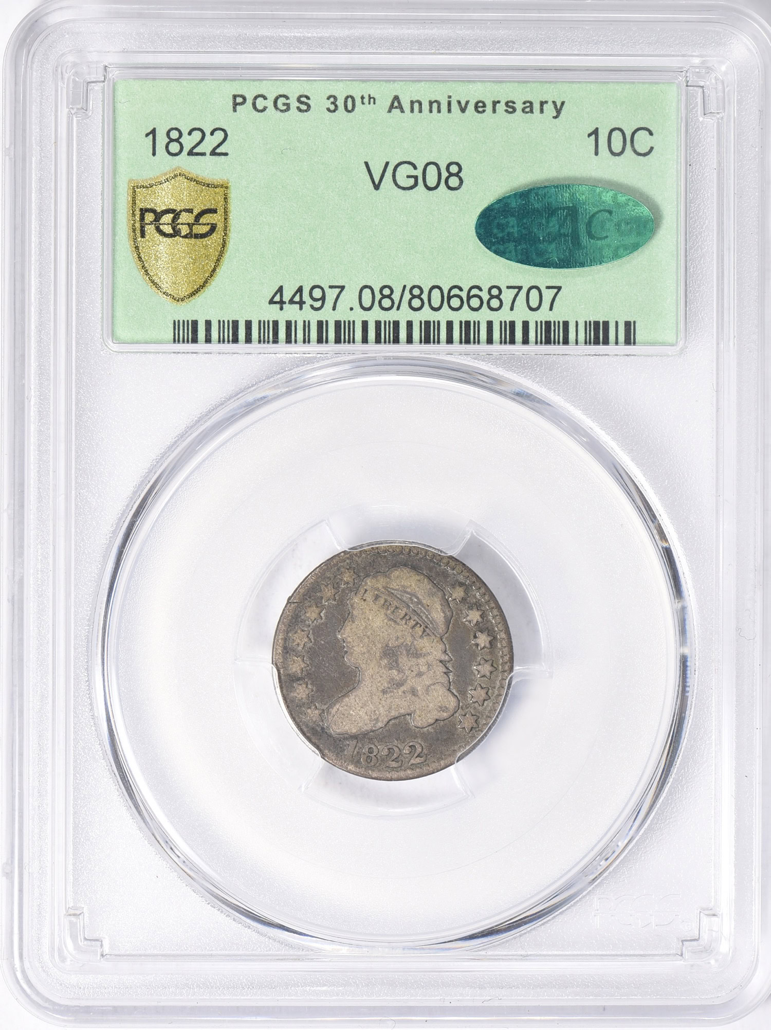1822 Capped Bust Dime PCGS VG-08 (CAC Green) (OGH 30th Anniversary ...